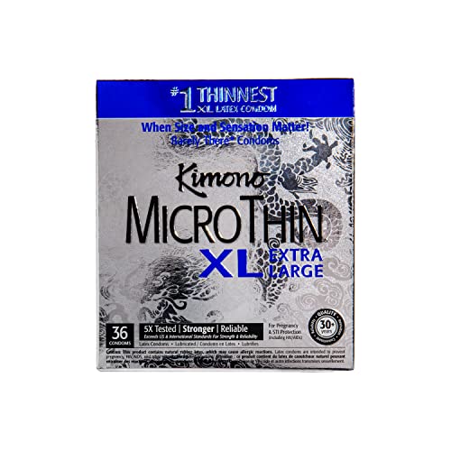 Kimono MicroThin XL, Ultra-Thin Lubricated Condoms, Natural Latex Condoms, Vegan-Friendly, No Latex Odor, Extra Thin, Widest-base Condoms - Enhanced Sensitivity - Pack of 36