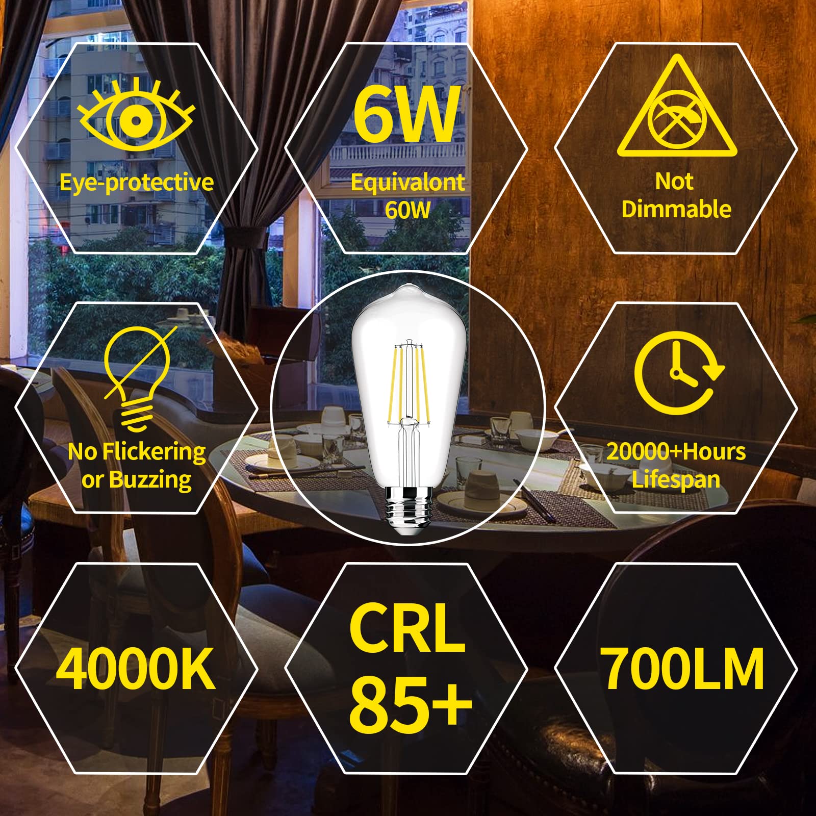 Q&S LED Edison Bulbs 6W Equivalent 60W Amber Warm 2300K 700 Lumens Antique Style ST64 LED Filament Bulbs with 85+ CRI, E26 Base Non-Dimmable No-Flicker 6 Packs