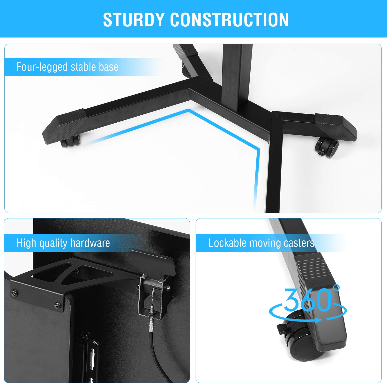 LGHM Rolling Desk, Mobile Desk Height Adjustable, Mobile Laptop Desk with Keyboard, Mobile Standing Desk w/4 Lockable Casters, Home Office Stand Up Desk Pneumatic Gas Spring Sit Stand Table (Black)