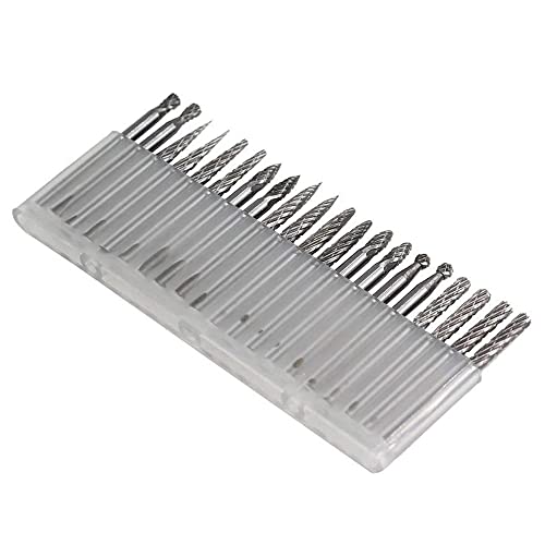 YUFUTOL 20pcs Solid Carbide Burr Set 0.118‘’(3mm)Shank Tungsten Carbide Rotary Files Burrs with 3mm Cutting Head Diameter Fits Most Rotary Drill Die Grinder for Woodworking,Engraving,Drilling,Carving