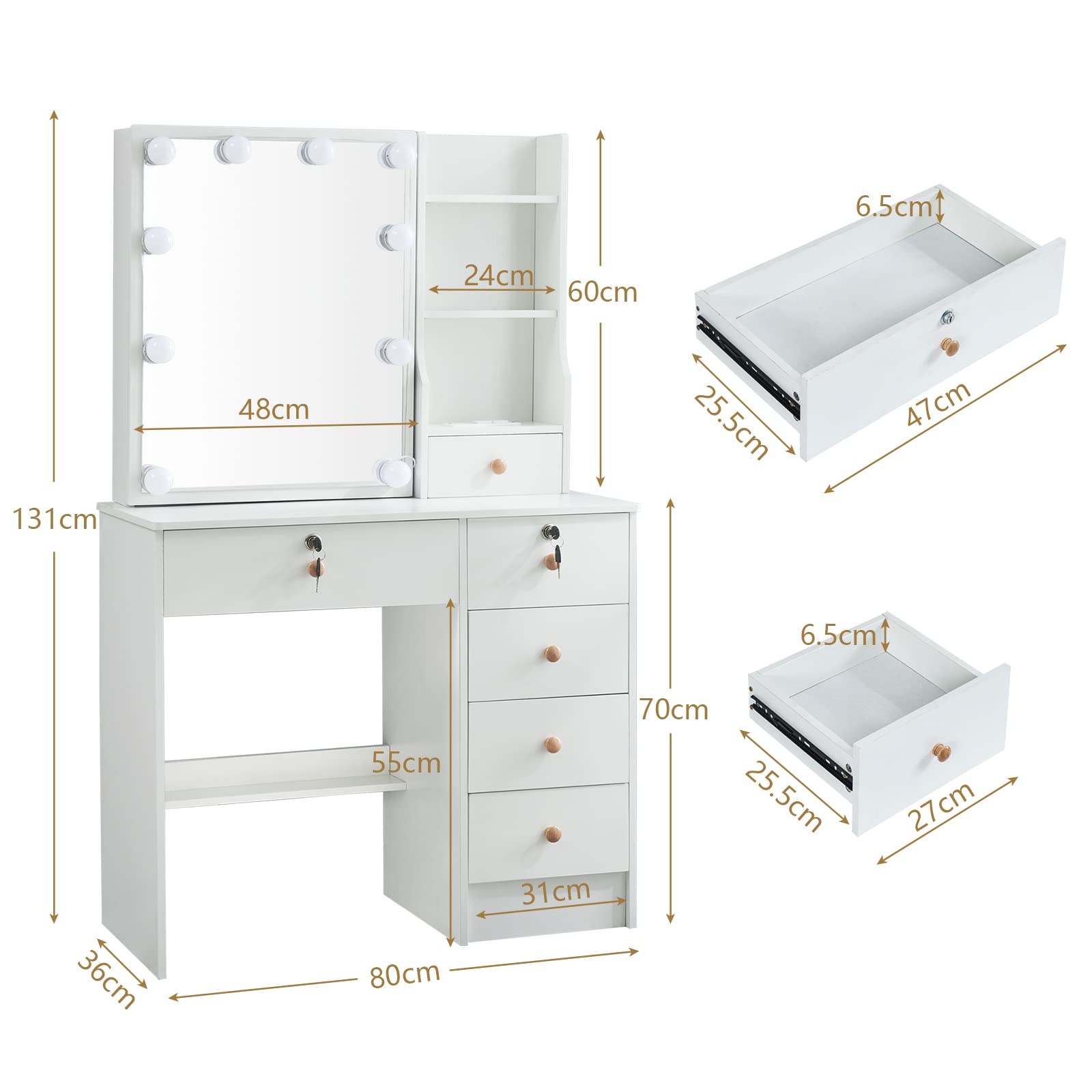 Kkonetoy White Modern Makeup Vanity Desk with Lights and Mirror, Vanity Dressing Table with Cushioned Stool, Makeup Vanity Table Set with Drawers for Girls Bedroom