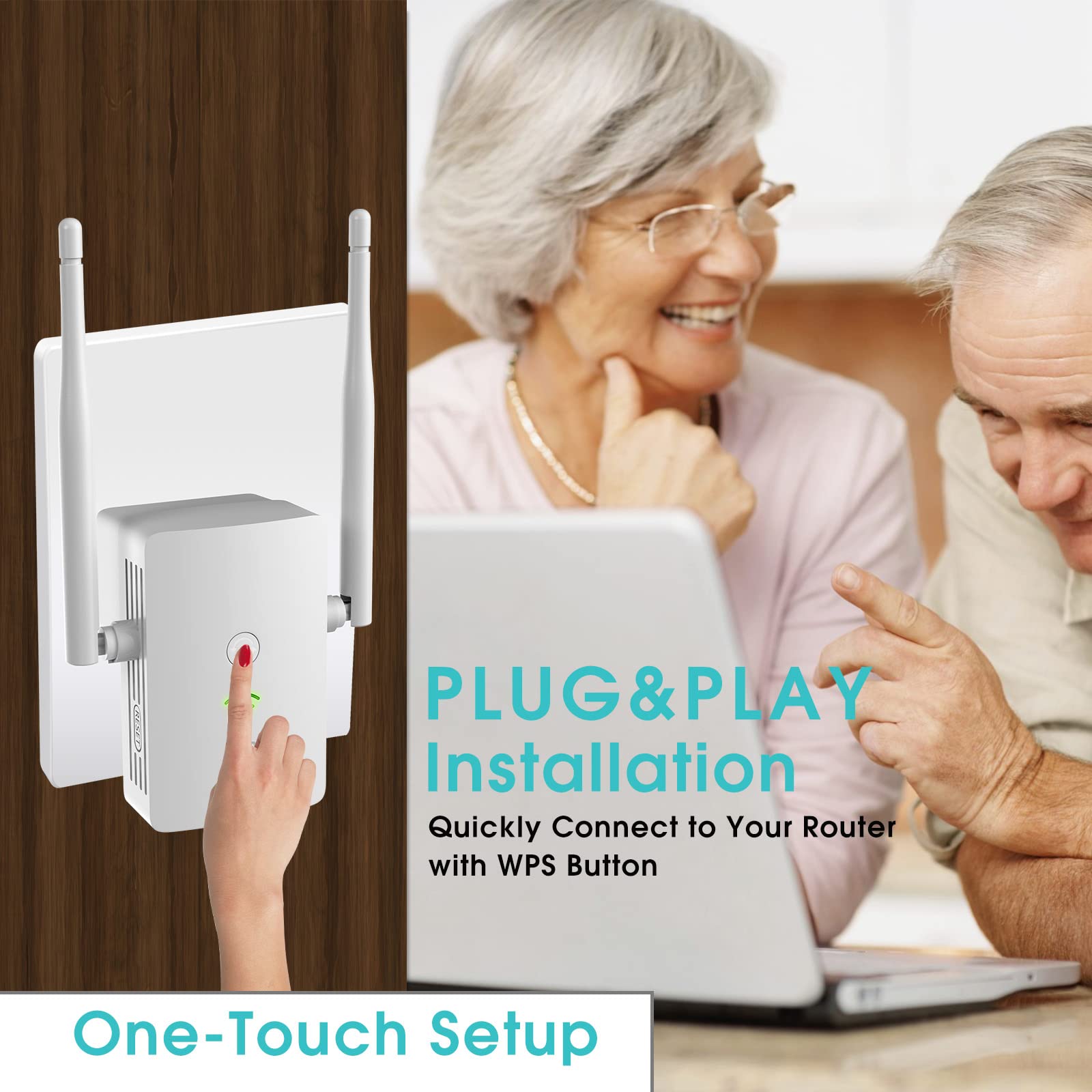 WiFi Extender Signal Booster Up to 3000sq.ft and 32 Devices , Wireless Internet Repeater, WiFi Range Extender, Long Range Amplifier, Up to 1200Mbps Speed, 2.4GHz/5GHz, 1-Tap Setup, Alexa Compatible