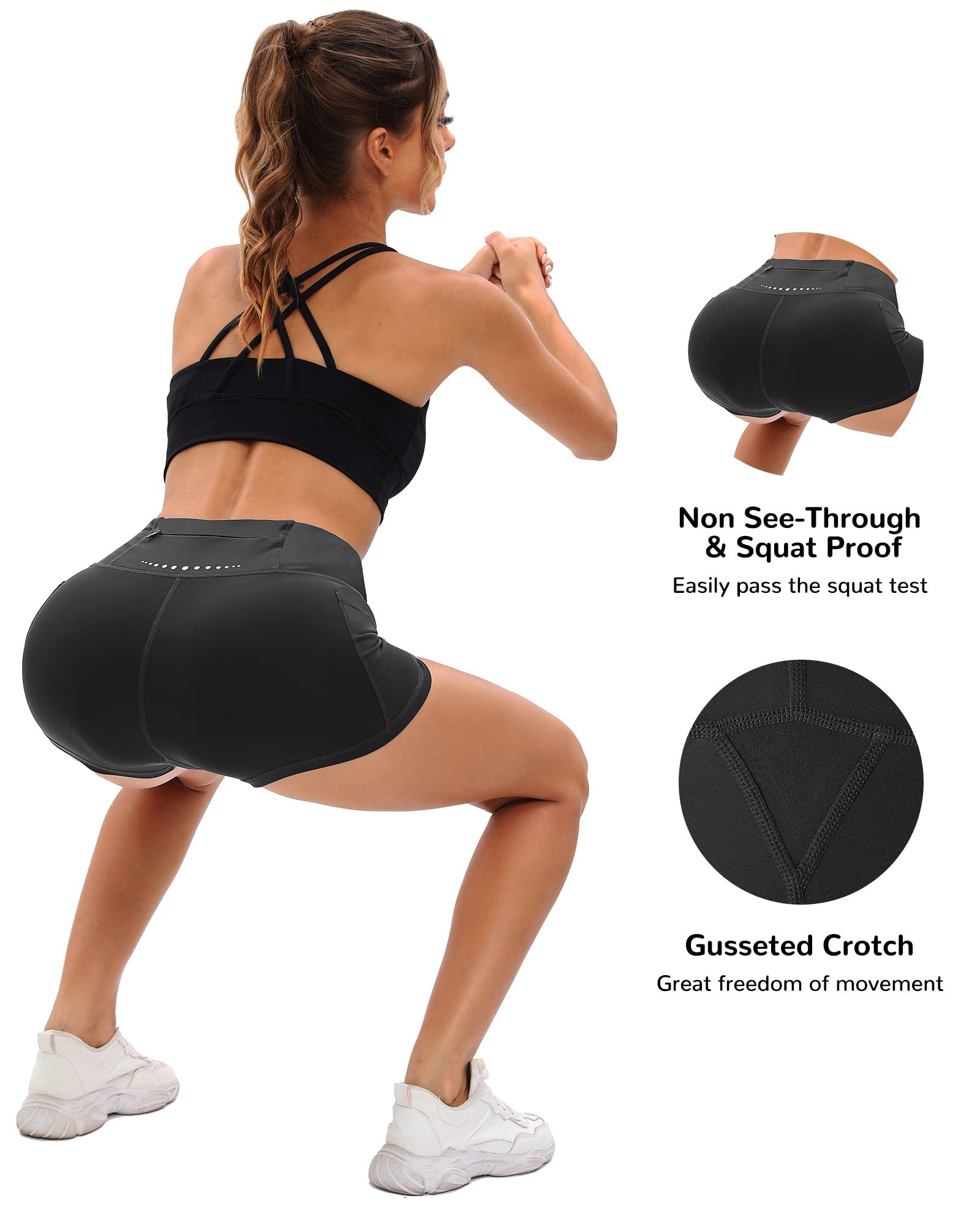 Runhit 3 Inch Running Shorts for Women High Waisted Yoga Shorts with Side Pockets Tummy Control Workout Gym Compression Shorts Black XL
