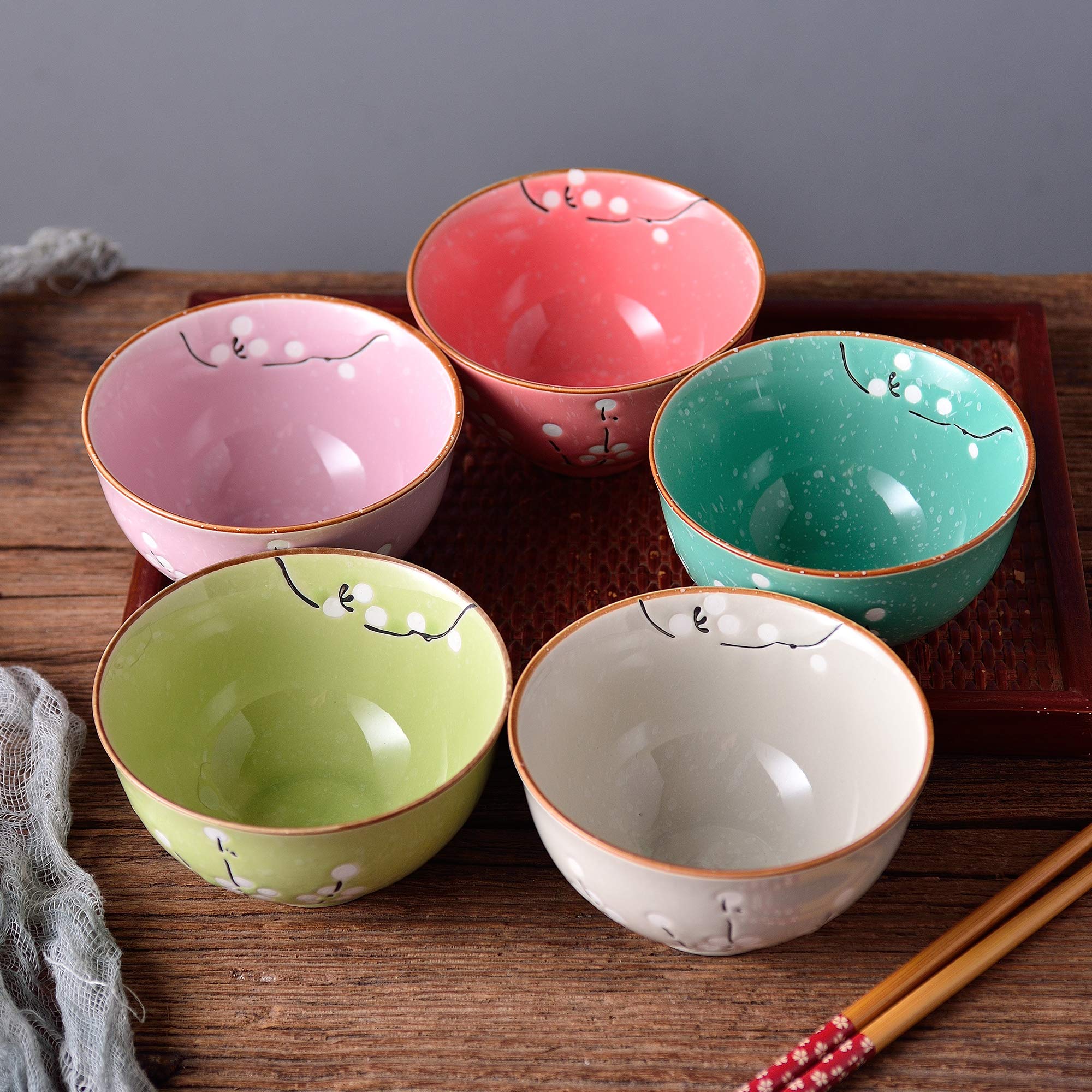 Panbado 5 Pcs Ceramic Bowls Set, 330ml Japanese Style Porcelain Bowls, 5 Colors Rice Bowl Set With White Cherry Blossom Pattern For Dessert Snack Cereal Soup