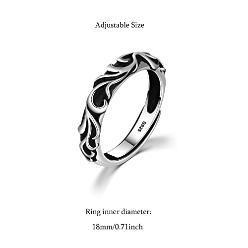 PHNIBIRD 925 Sterling Silver Rings for Men with European Pattern Unisex Adjustable Open Punk Rings for Men Women Retro Style Suitable for Daily Use