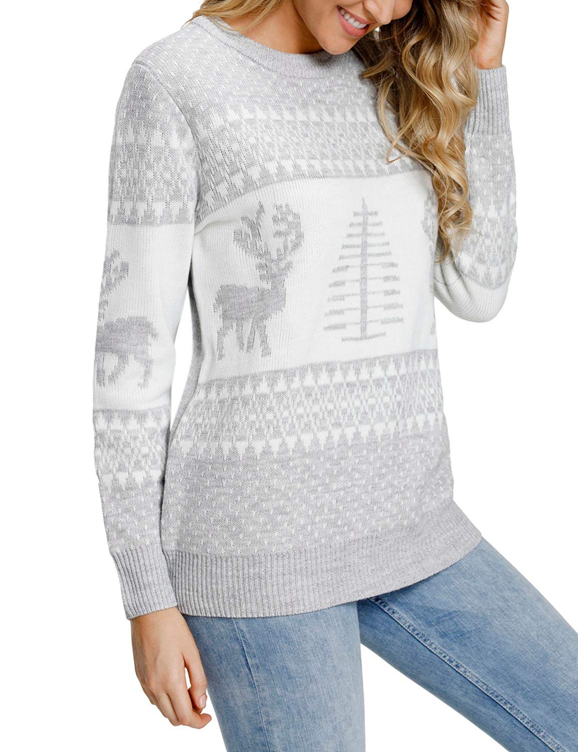 LookbookStore Women's Grey Long Sleeves Ugly Christmas Tree Reindeer Winter Holiday Knit Sweater Pullover Size S 4 6