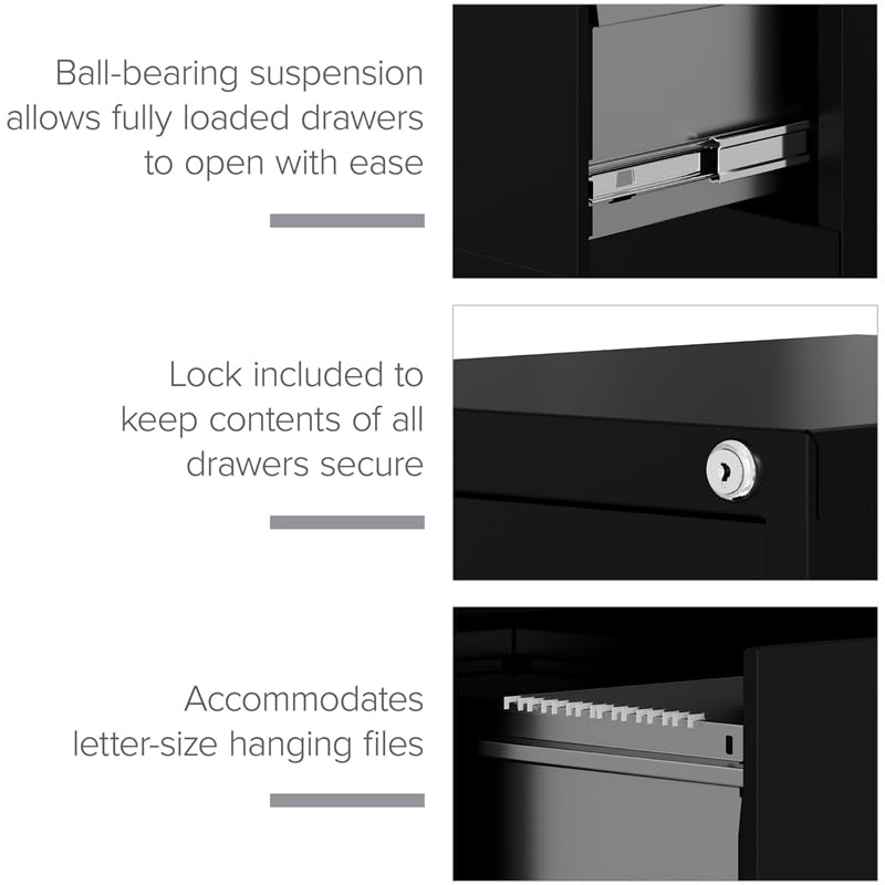 Pemberly Row 22" Deep 2-Drawer Classic Design Metal Letter Width Vertical File Cabinet, with Lock, Steel Ball-Bearings, Commercial Grade, for Business/Educational/Personal Office, in Black