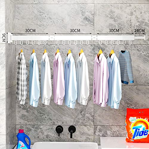 Wixann Clothes Drying Rack Wall Mount, Retractable Clothes Hanger with 18 Movable Hooks, Foldable Clothes Rack for Balcony, Laundry, Bathroom, Patio(White)