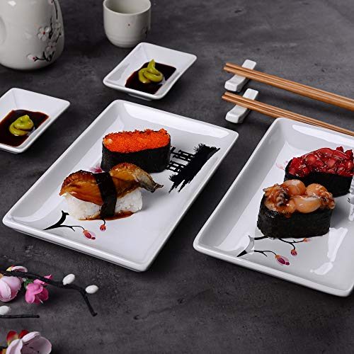 Panbado 8 pcs Sushi Plate Set, Porcelain Sushi Sets Japanese Style, Gift Box Include 2 X Sushi Plates(240 ml), 2 X Dip Bowls(60 ml), 2 X Chopstick Rest, 2 Pairs of Bamboo Chopsticks