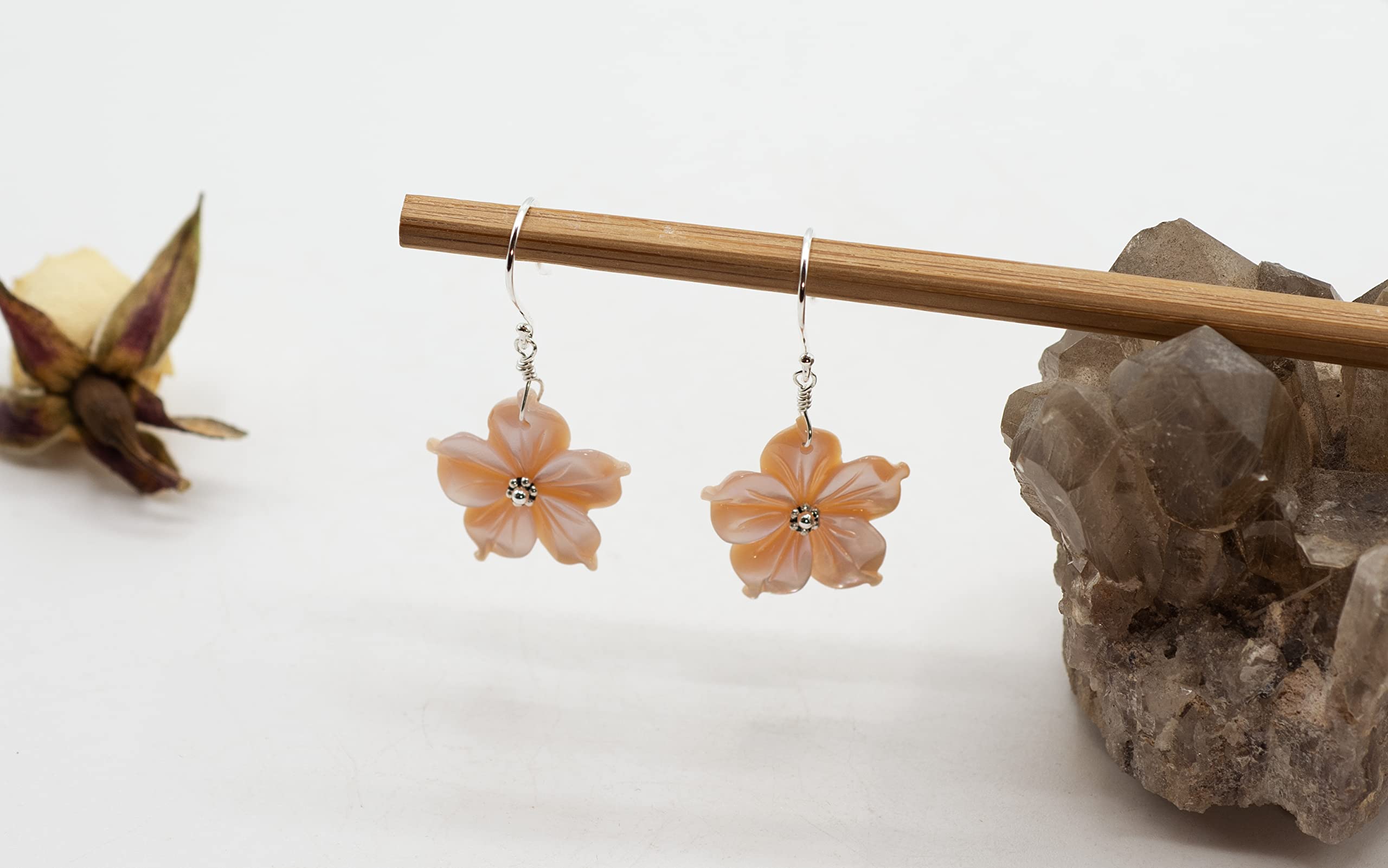LTC Designs Pink Mother of Pearl Shell Flower Sterling Silver Dangle Earring with Fish Hook Ear Wires. Perfect for Momen and Teens