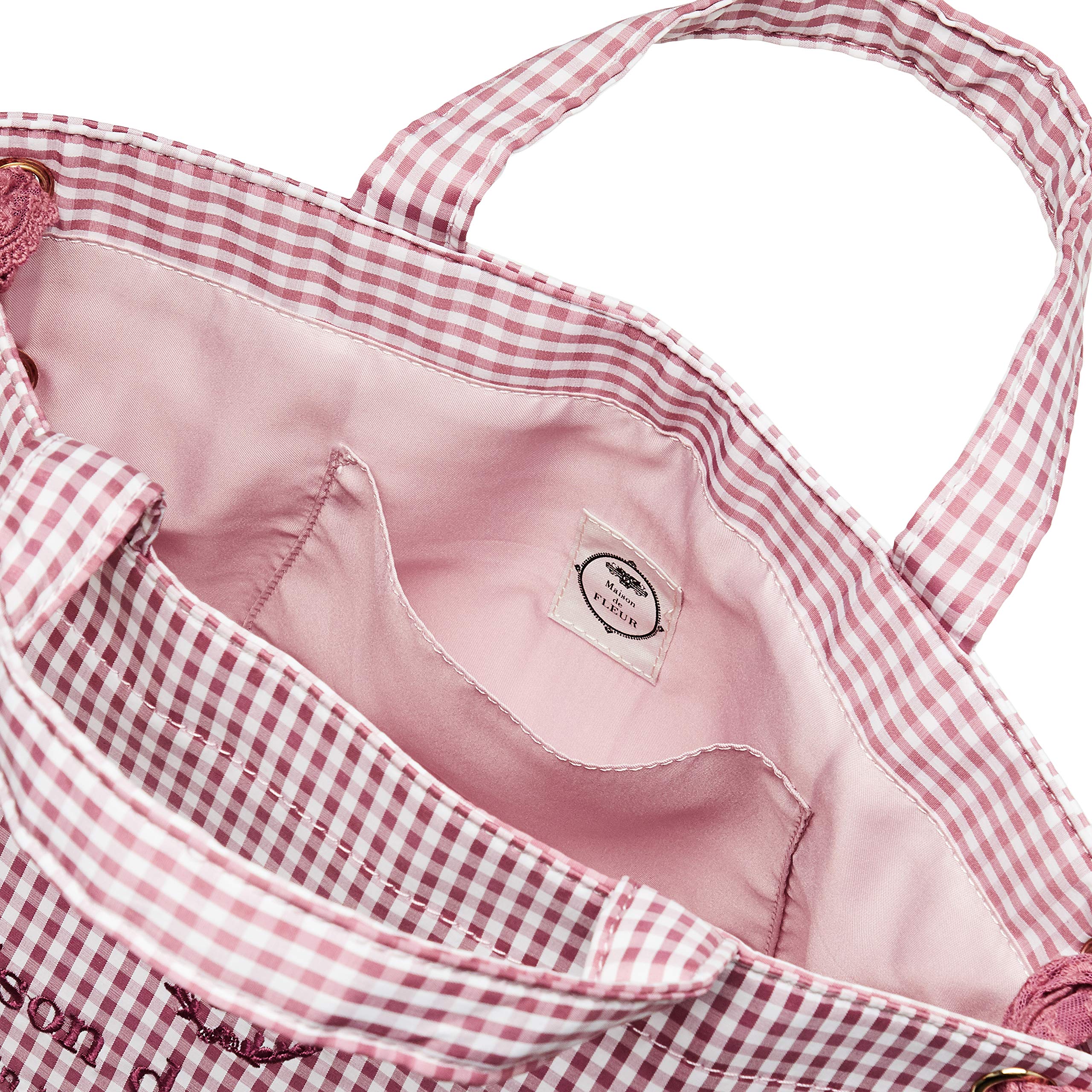 Maison de Fleur 8A11F0J8100 Women's Gingham Plaid Lace Side Ribbon Tote, Pink