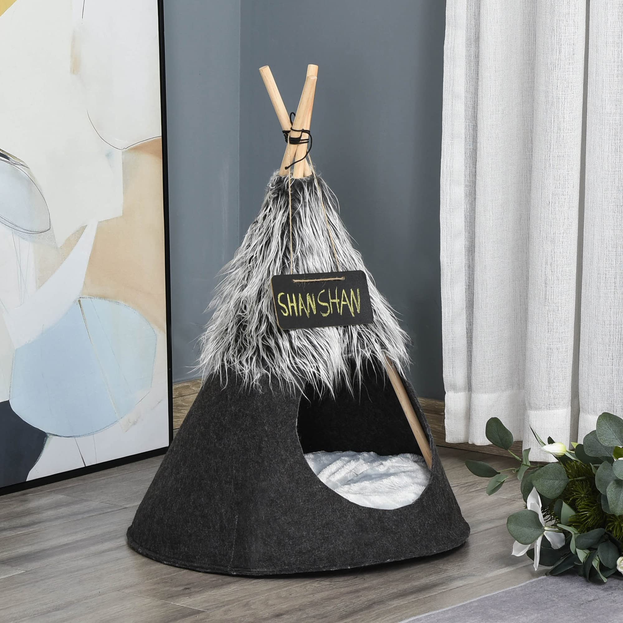 PawHut Pet Teepee Tent Cat Bed Dog House with Thick Cushion Chalkboard for Kitten and Puppy up to 13lbs 28inch Grey