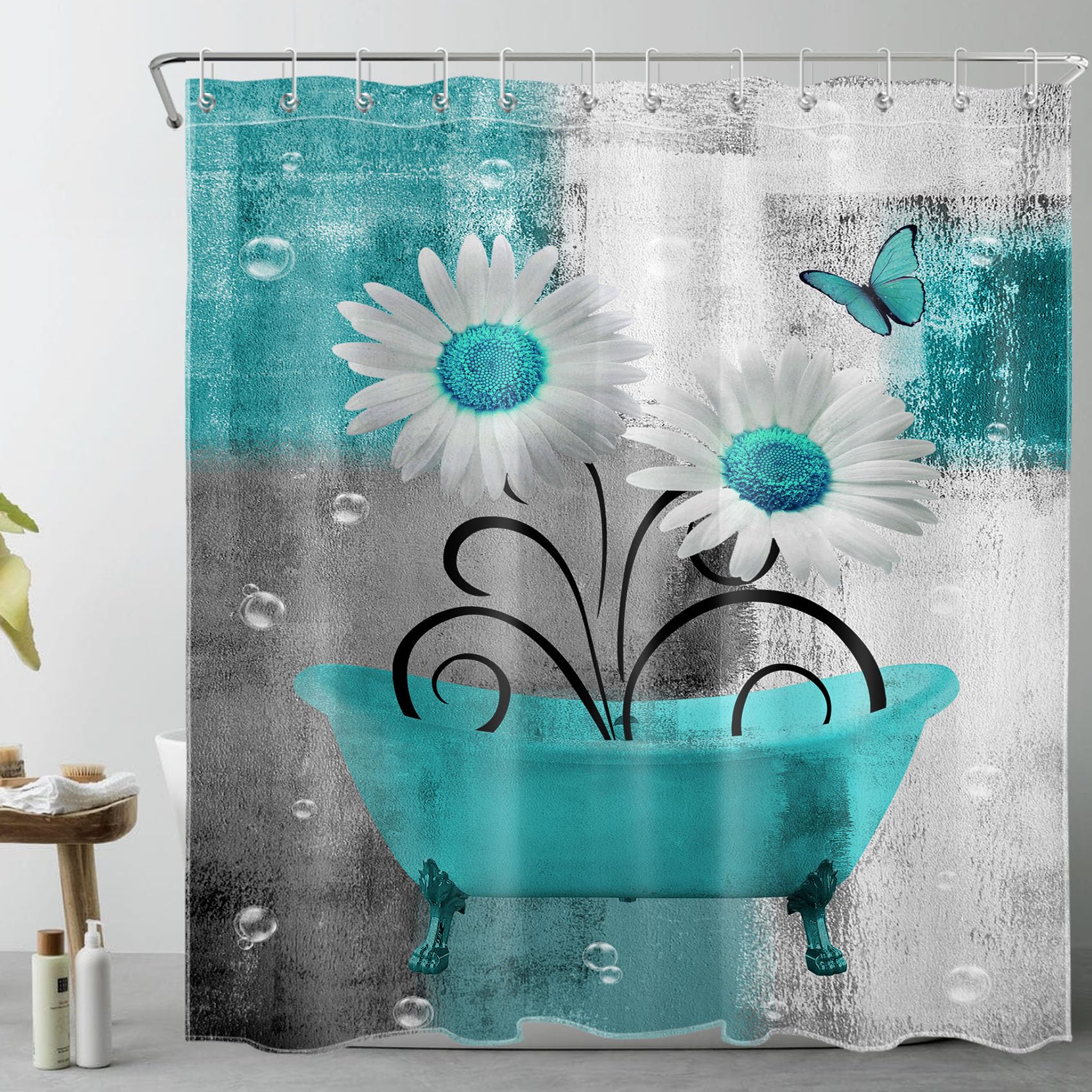 LB Rustic Teal Floral Shower Curtain for Bathroom, Country Daisy Flower and Butterfly Fabric Shower Curtain with Hooks, Geometric Grey and White Bathroom Curtain Shower Set, 72" W x 78" L
