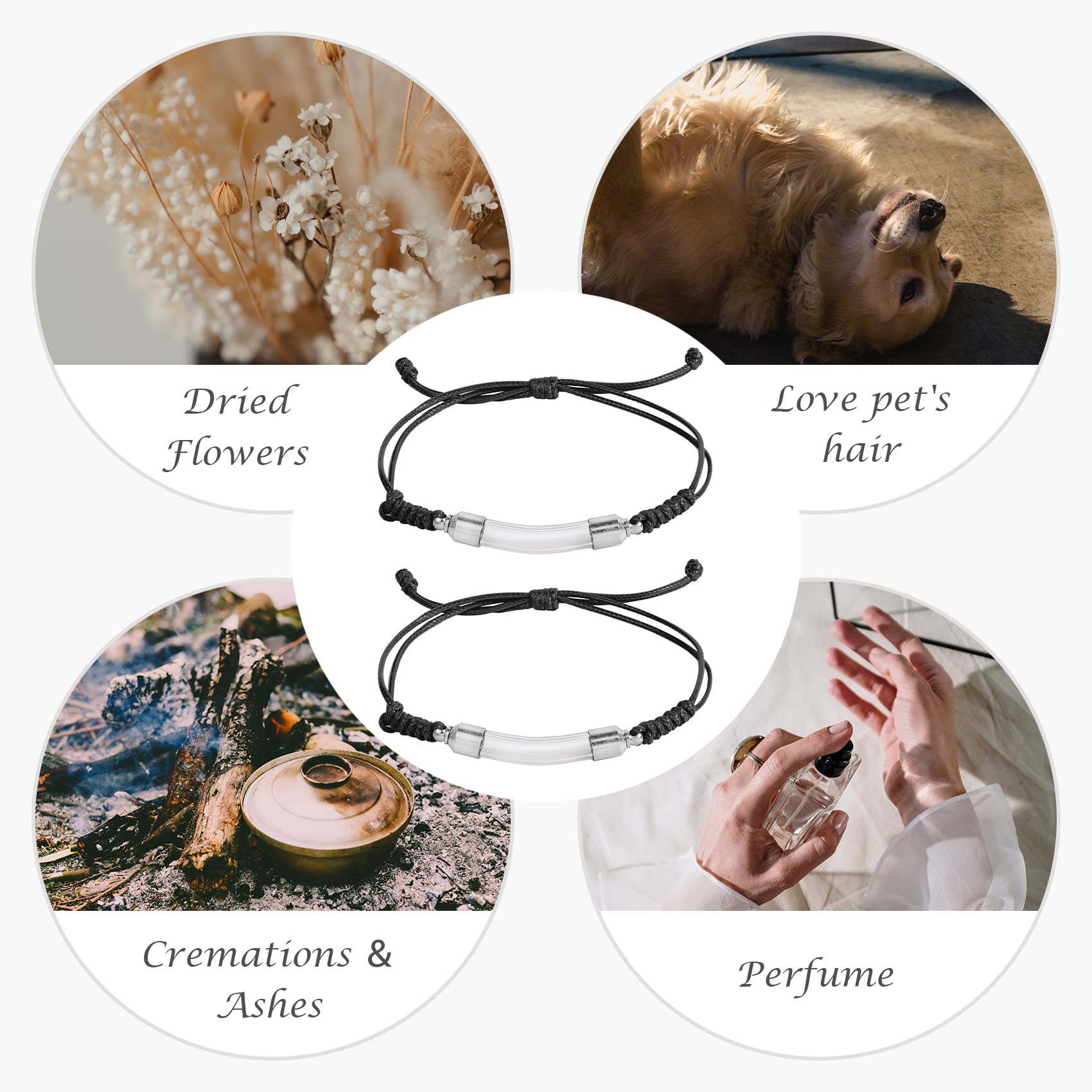 Retebuy 2PCS/Set Couple Rope Bracelets Memorial Bracelets Bangle Adjustable Transparent Glass Tube Bracelet,Double Black