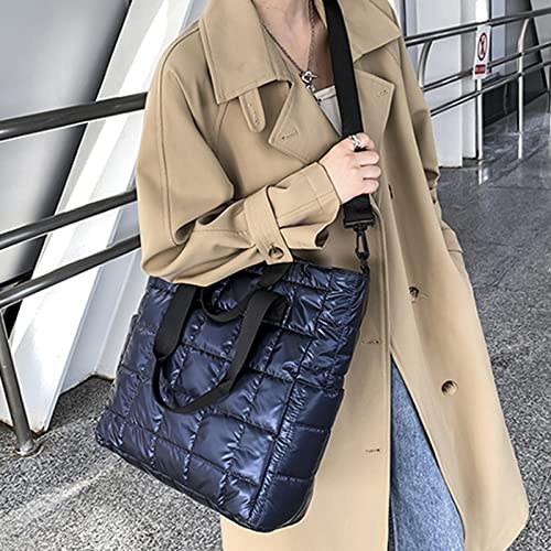 Shoulder Bag for School Women's Bags Solid Color Plaid Quilted Bag Large Capacity Zipper Nylon Shoulder (Blue, One Size)