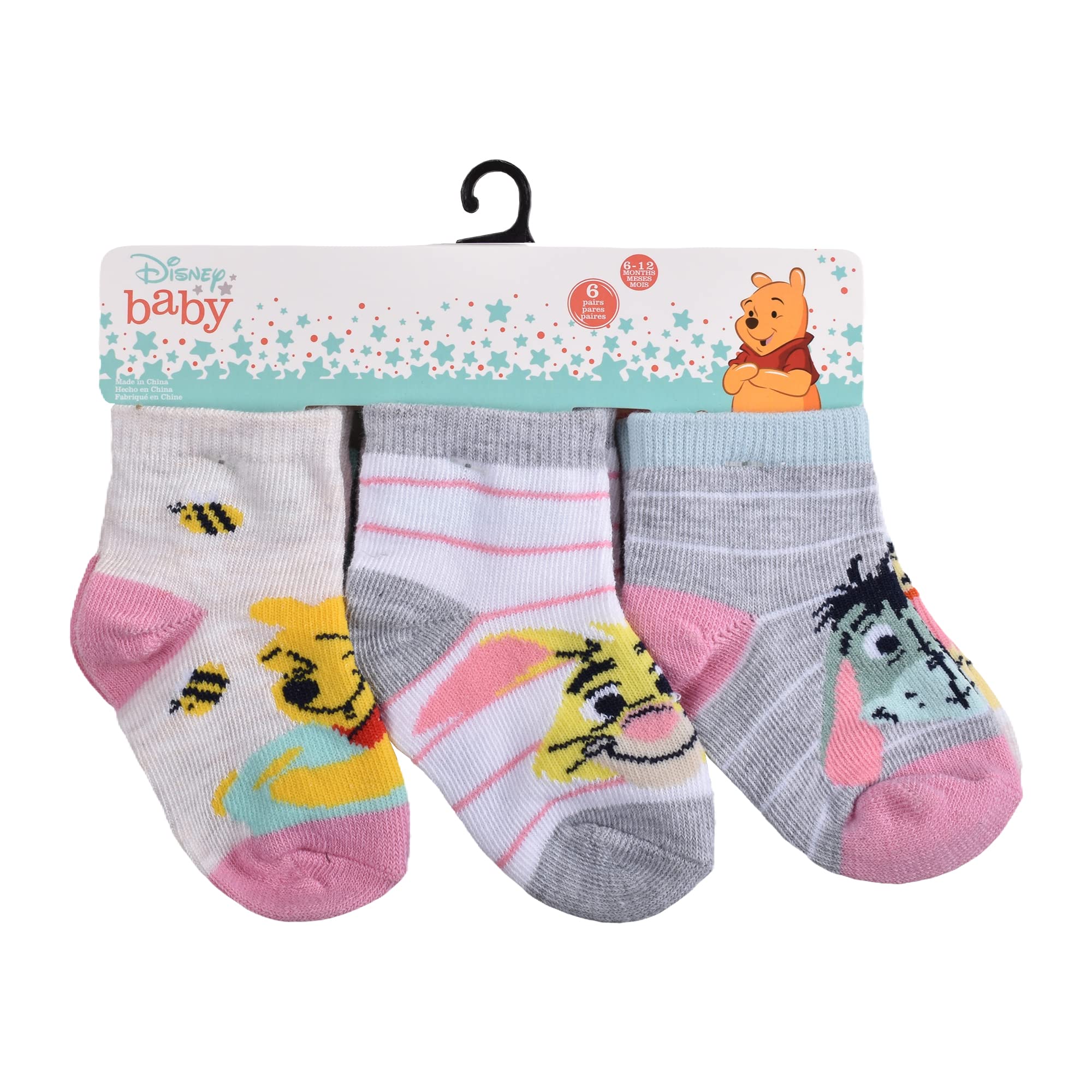 Winnie the Pooh Baby Girl's 6-Pack Quarter Socks, Ivory Heather, 12-24 Months