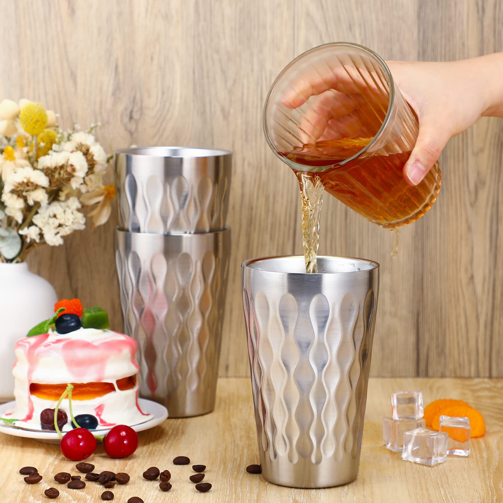 Mimorou 8 Pack 16oz Stainless Steel Cups Pint Cup Metal Double Layer Insulated Drinking Cups Beer Water Tumbler Camping Reusable Stackable Cup for Office Party Hot Cold Drink