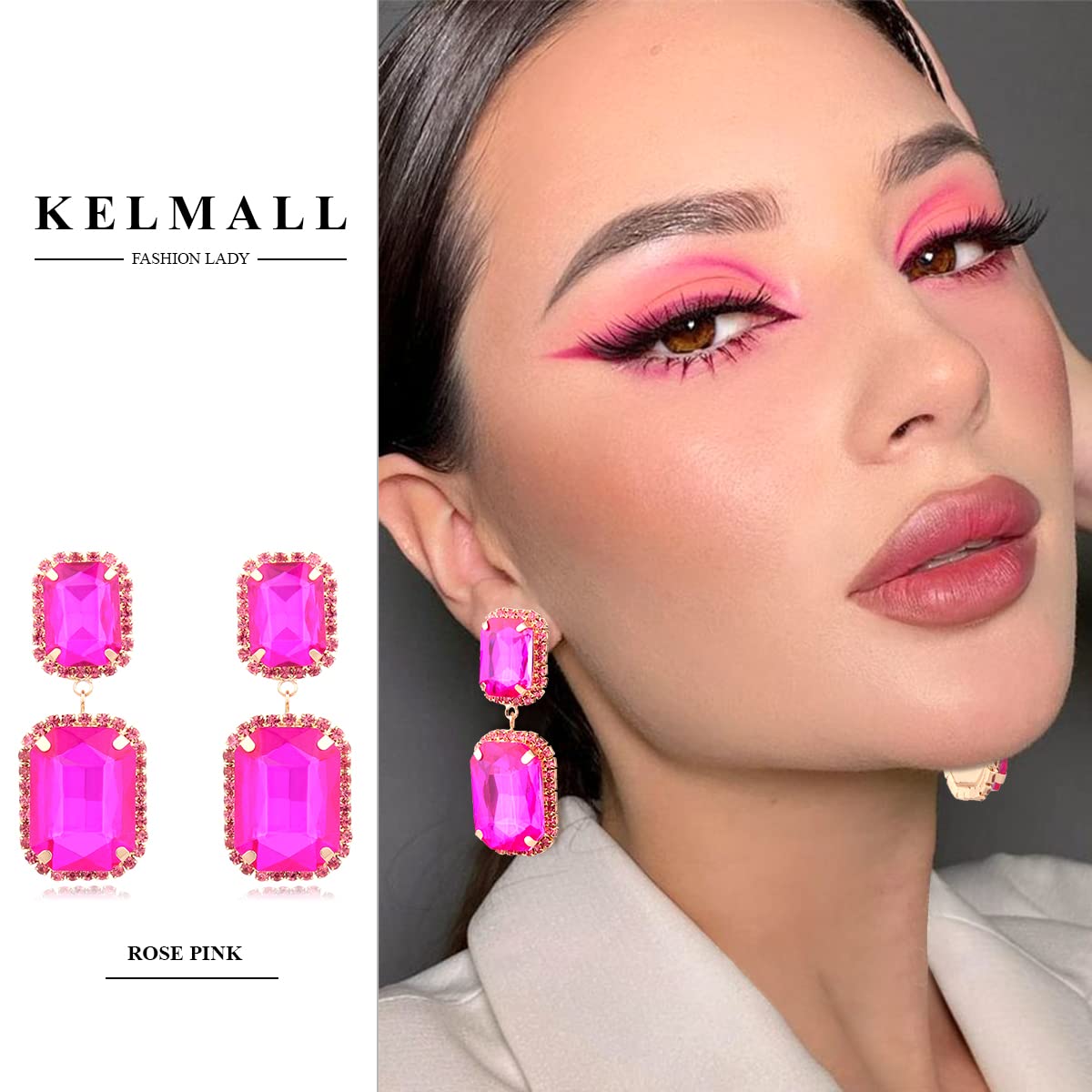 Rose Pink Crystal Chandelier Drop Earrings, Rhinestone Rectangle Statement Earrings for Women Evening Jewelry KELMALL COLLECTION