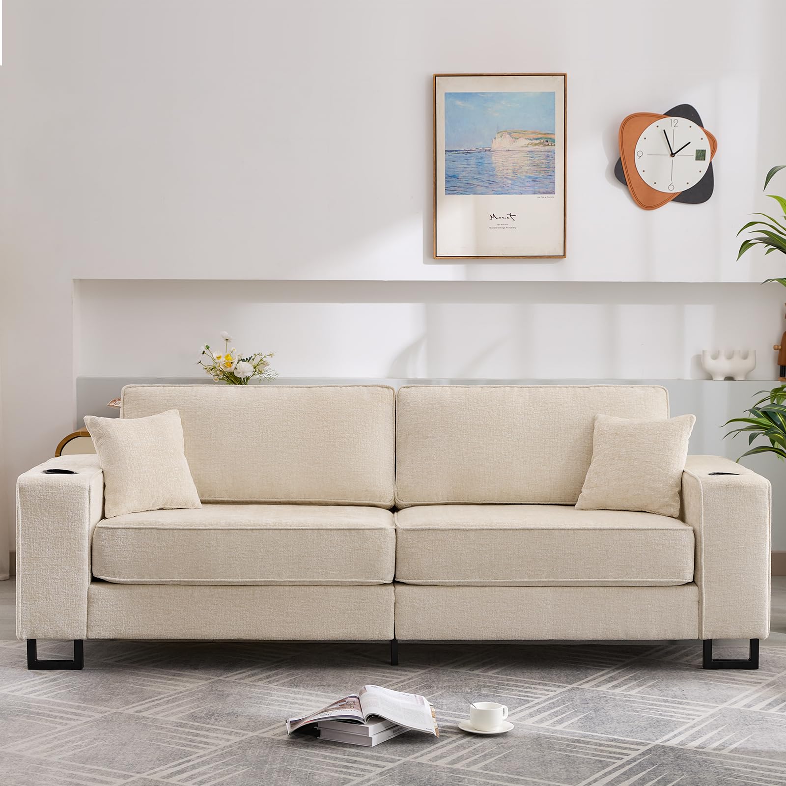 WOTSTA 91.3" Chenille Loveseat Sofa, Deep Seat Couch with Side Pockets & Cup Holders, Modern Sofa Couch with Square Armrest, Comfy Lounge Sofa for Living Room, Bedroom, Small Spaces (Beige)