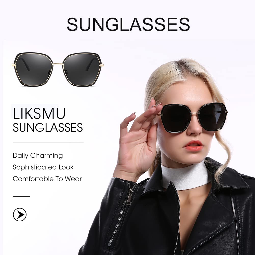 LIKSMU Oversized Polarized Sunglasses for Women Polarized UV Protection Designer Fashion Black Square Big Sun Glasses Black