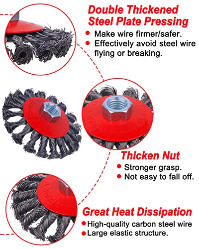 Rocaris 6 Pack Wire Wheel Cup Brush, 3 & 4 Inch Twisted Knotted & Coarse Crimped Cup Brush for Angle Grinders, 5/8 -11 Inch Threaded Arbor