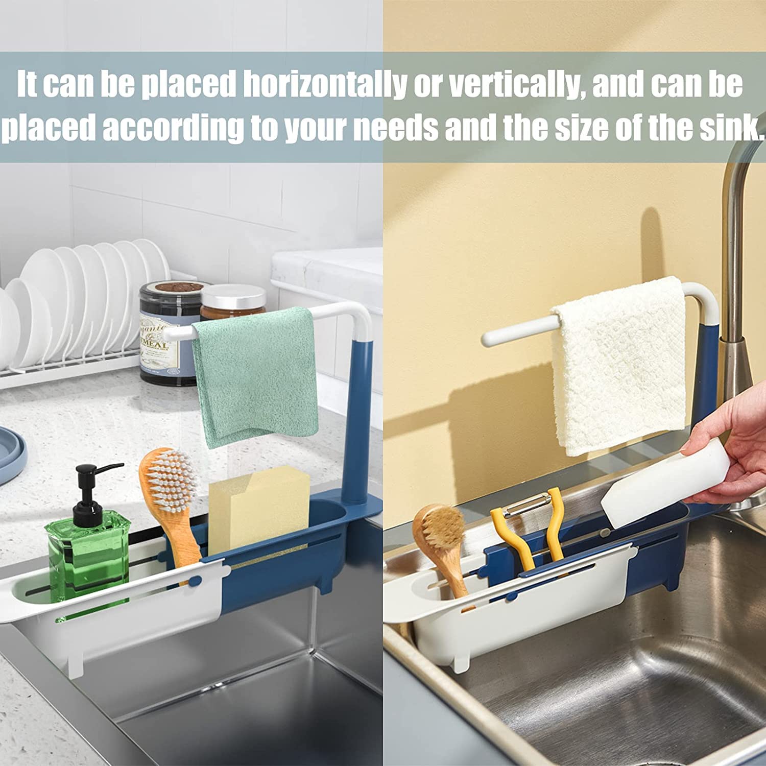 PRAGOO Telescopic Sink Storage Rack Holder, Expandable Sink Storage Rack with Dishcloth Holder Towel Rack for Kitchen Sink Organizers for Sponge Caddy (Plastic, Blue)