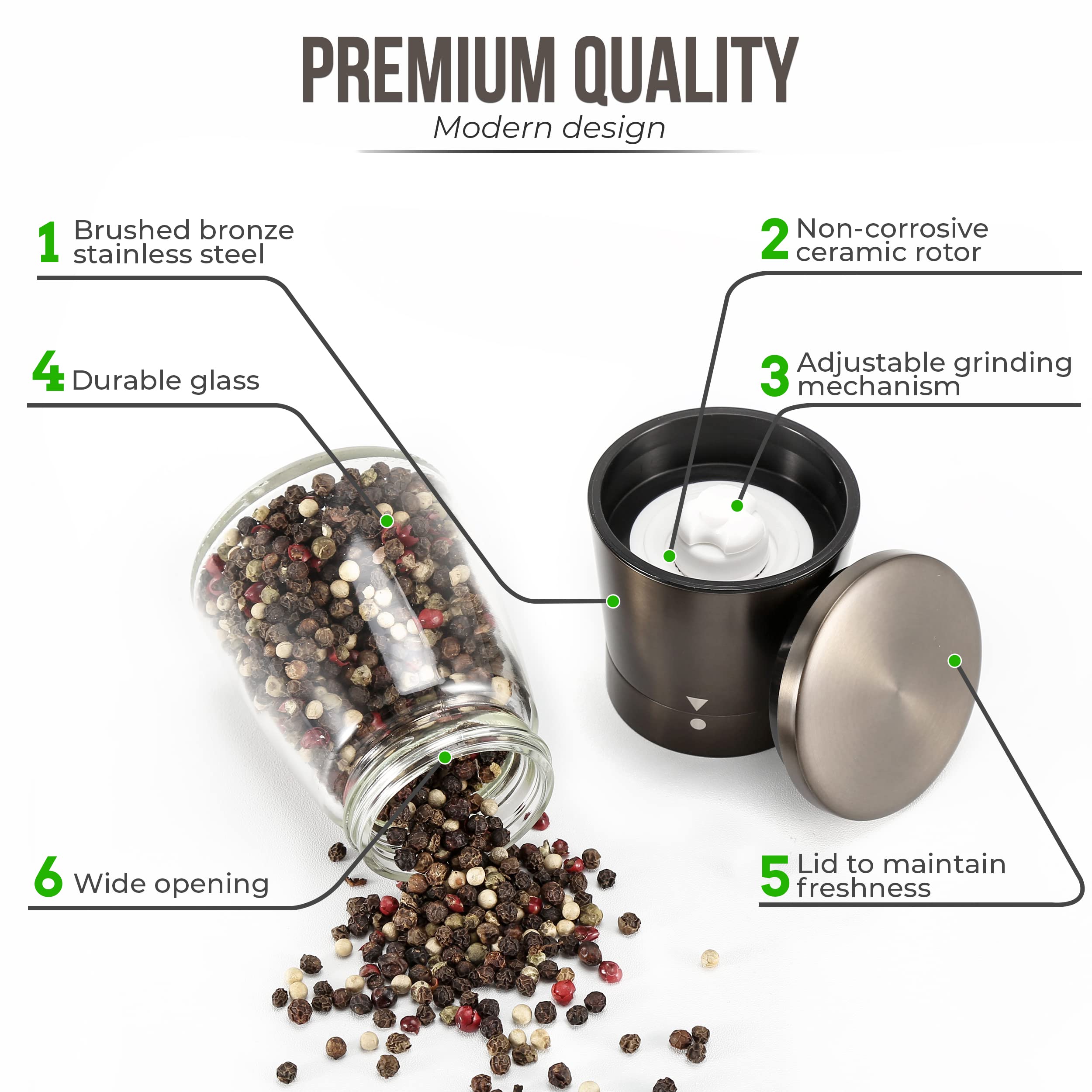 Pepper Grinder or Salt Shaker for Professional Chef - Best Spice Mill with Brushed Stainless Steel, Special Mark, Ceramic Blades, and Adjustable Coarseness (Dark Bronze)