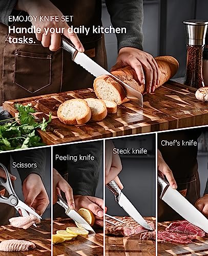Knife Set, Emojoy 16-Piece Kitchen Knife Set with Block Wooden Carving Fork, Ripple German Stainless Steel Knife Block Set, Hollow Handle for Chef Knife Set with Sharpener and Scissors