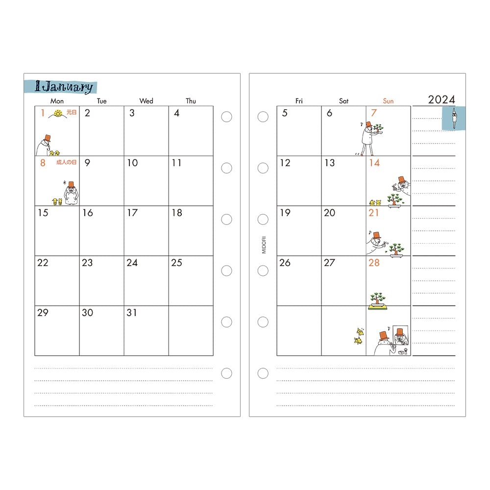 Midori 27088006 2024 B7 Monthly Country Time Planner Refill, Starts December 2023 (Ojisan Print)