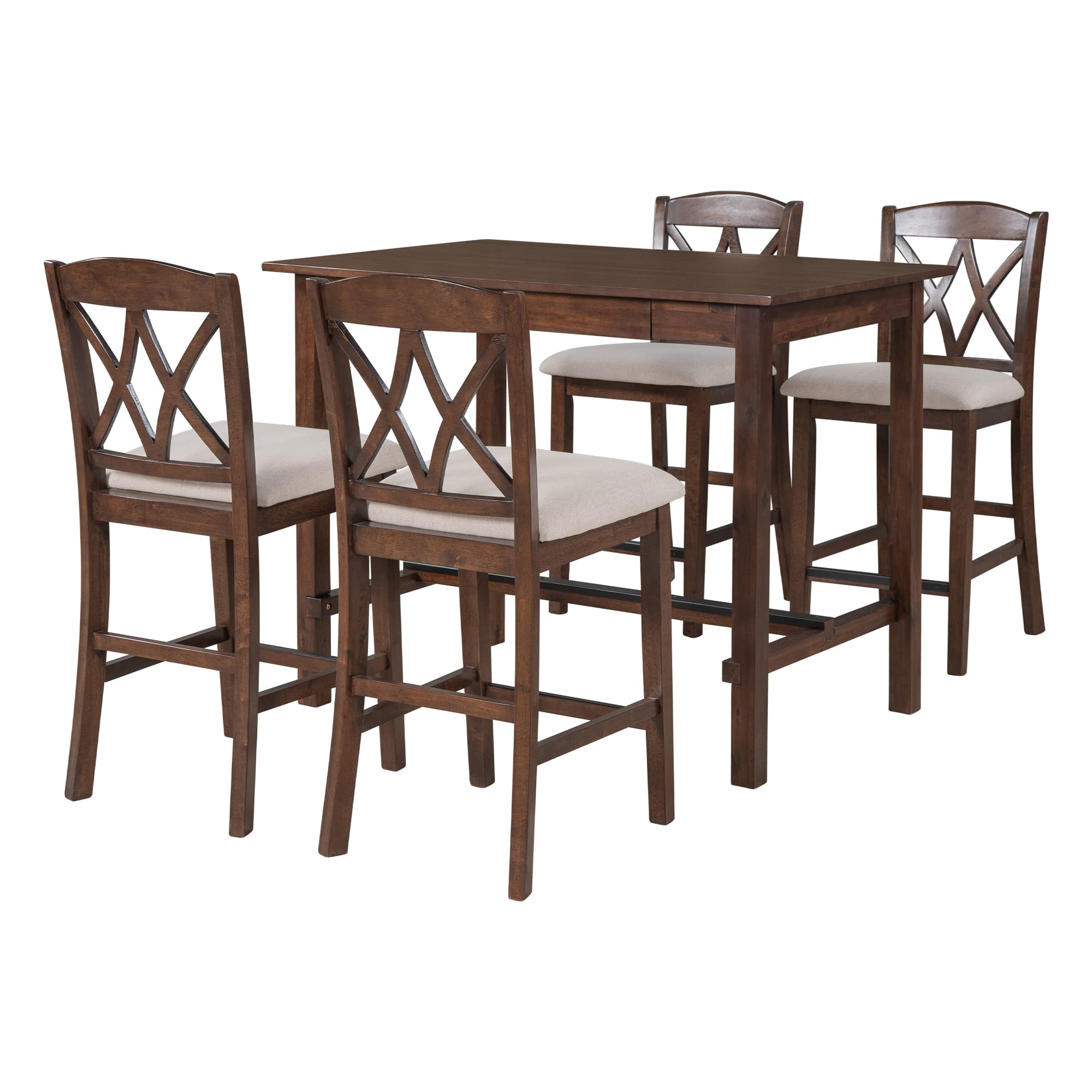 LCH Dining Table Set for 4, Casual Counter Height Wood 5-Piece Upholstered Chairs and 1 Storage Drawer, Walnut+Beige