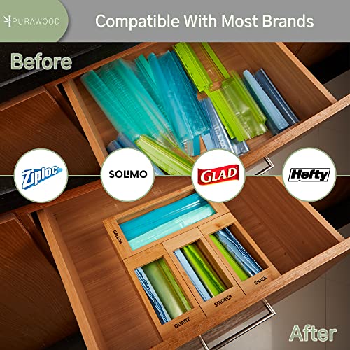 Purawood Ziplock Bag Storage Organizer - Natural Bamboo Organizer to Declutter Your Kitchen β Easy & Efficient Ziplock Bag Organizer - Baggie Holder Compatible with all Brands (4-Pack)