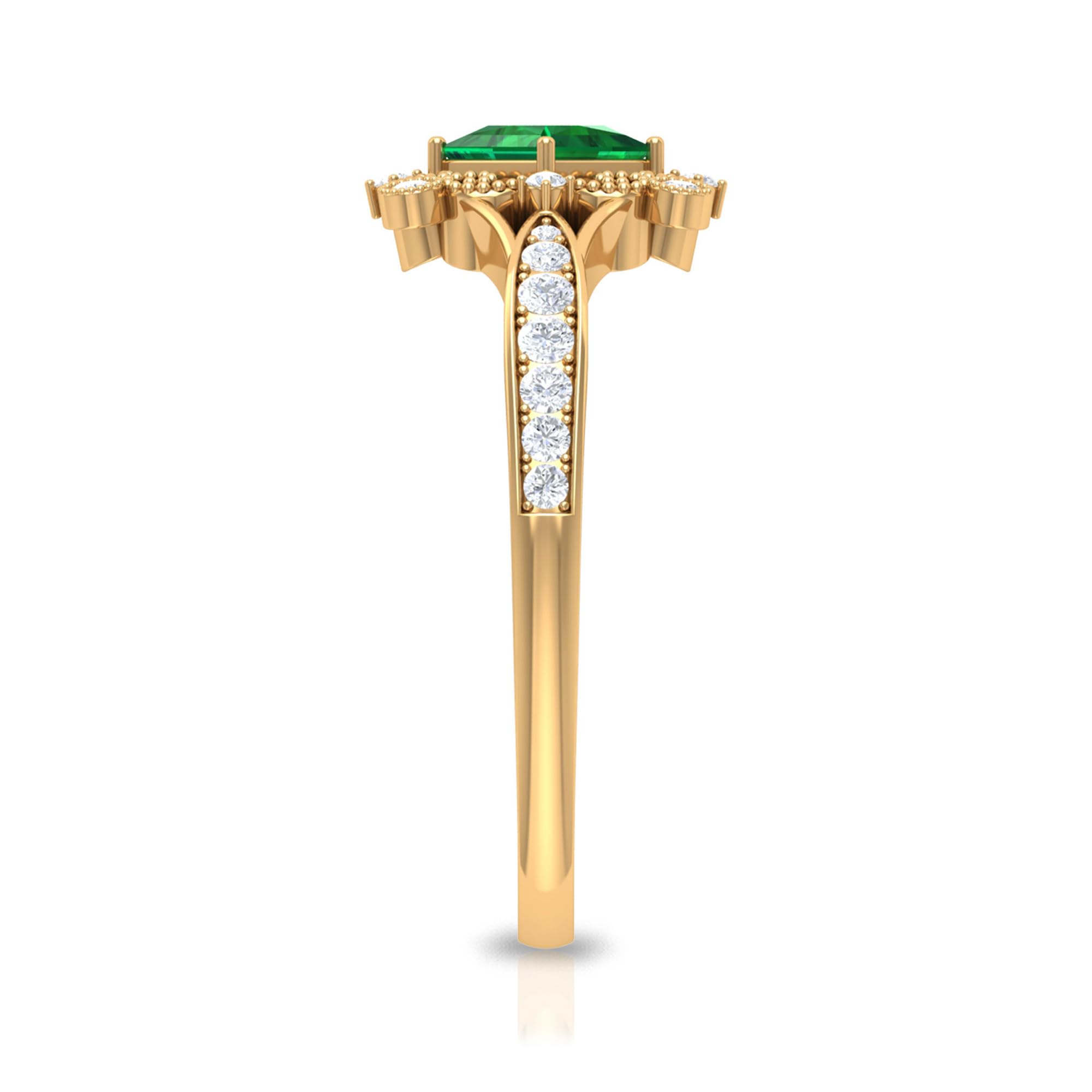Rosec Jewels Certified Emerald Vintage Inspired Engagement Ring, AAA Quality, Natural Emerald Diamond Art Deco Ring, 14K Yellow Gold, Size:US 7.00