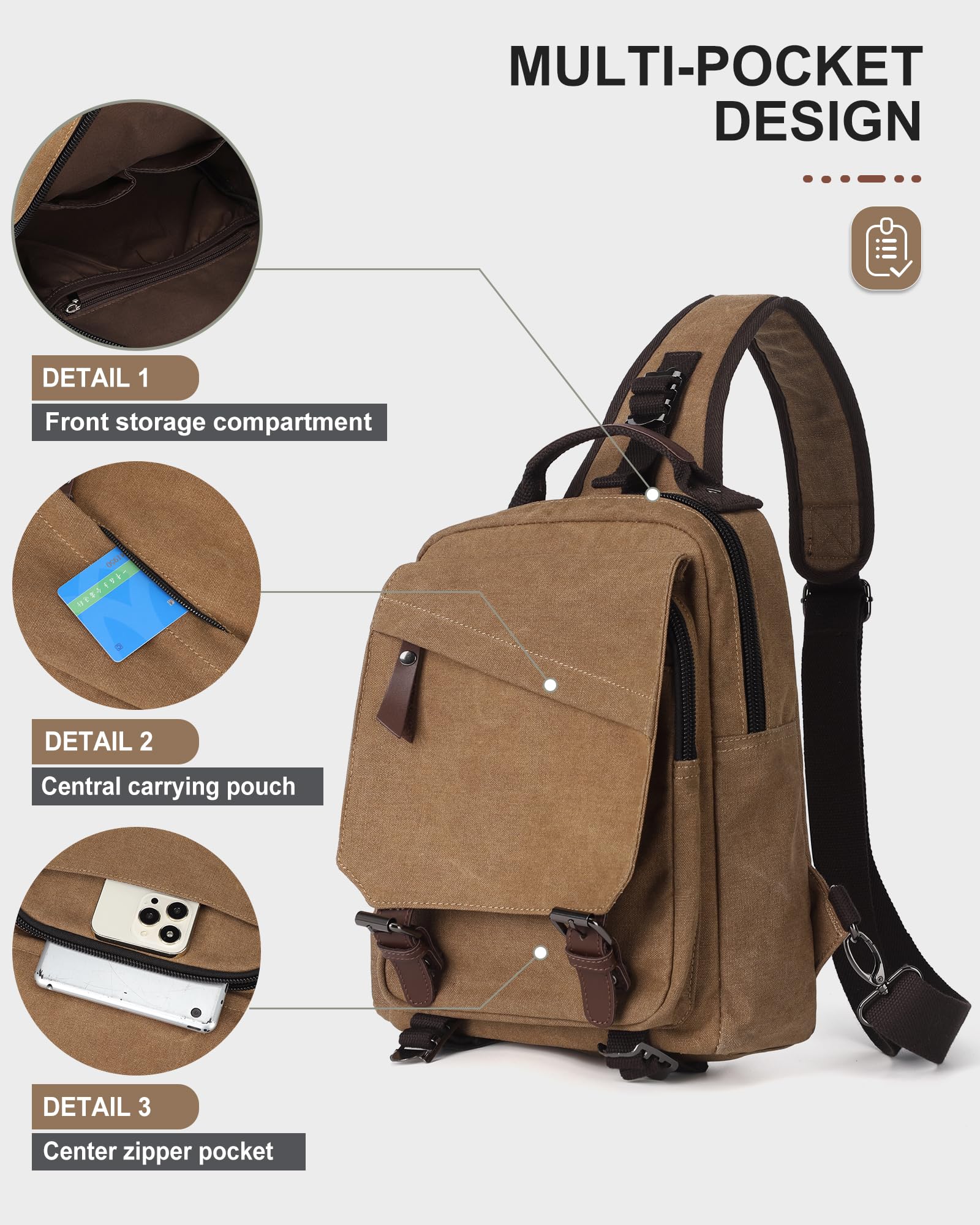 Messenger Bag for Men Small Sling Crossbody Backpack for Men Women Canvas Strap Backpack for Working Hiking Cycling Travel, Khaki