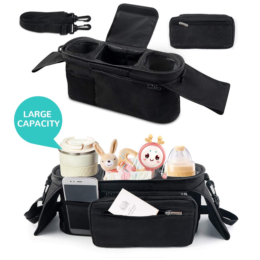 Mestron Universal Stroller Organizer Bag with Insulated Cup Holder- Detachable Zippered Bag & Adjustable Strap, Fits for All Baby Stroller Models like Uppababy, Baby Jogger, Britax, Bugaboo