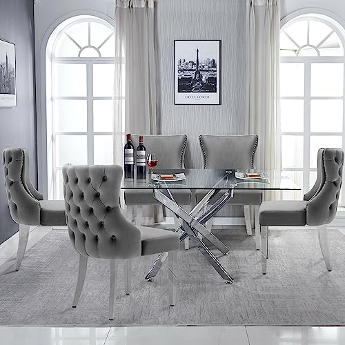 LOULENS Luxurious Velvet Dining Chairs Set of 4, Modern Upholstered Tufted Dining Room Chairs with Stainless Steel Legs, Dark Grey