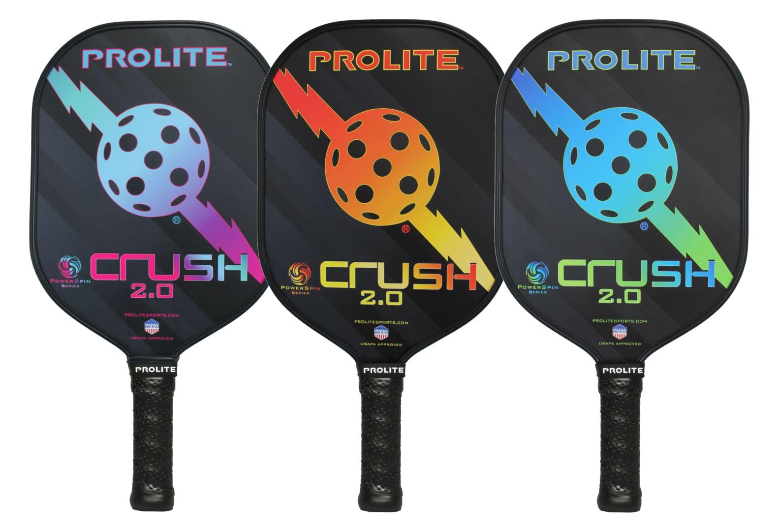 PROLITE Crush PowerSpin 2.0 Pickleball Paddle - Reactive Fiberglass with UV Protection Graphics and a 14 mm PolyCore - Made in The USA Since 1984 - Color Design: HIGH Tide