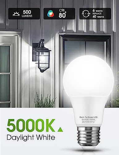 L LOHAS LED Dusk to Dawn LED Light Bulbs, 40W Equivalent LED Outdoor Lighting, Daylight 5000K, Automatic On/Off Outdoor Light, A19 6W Bright Porch Light Bulbs, 500LM E26 for Garage Patio, 4 Pack