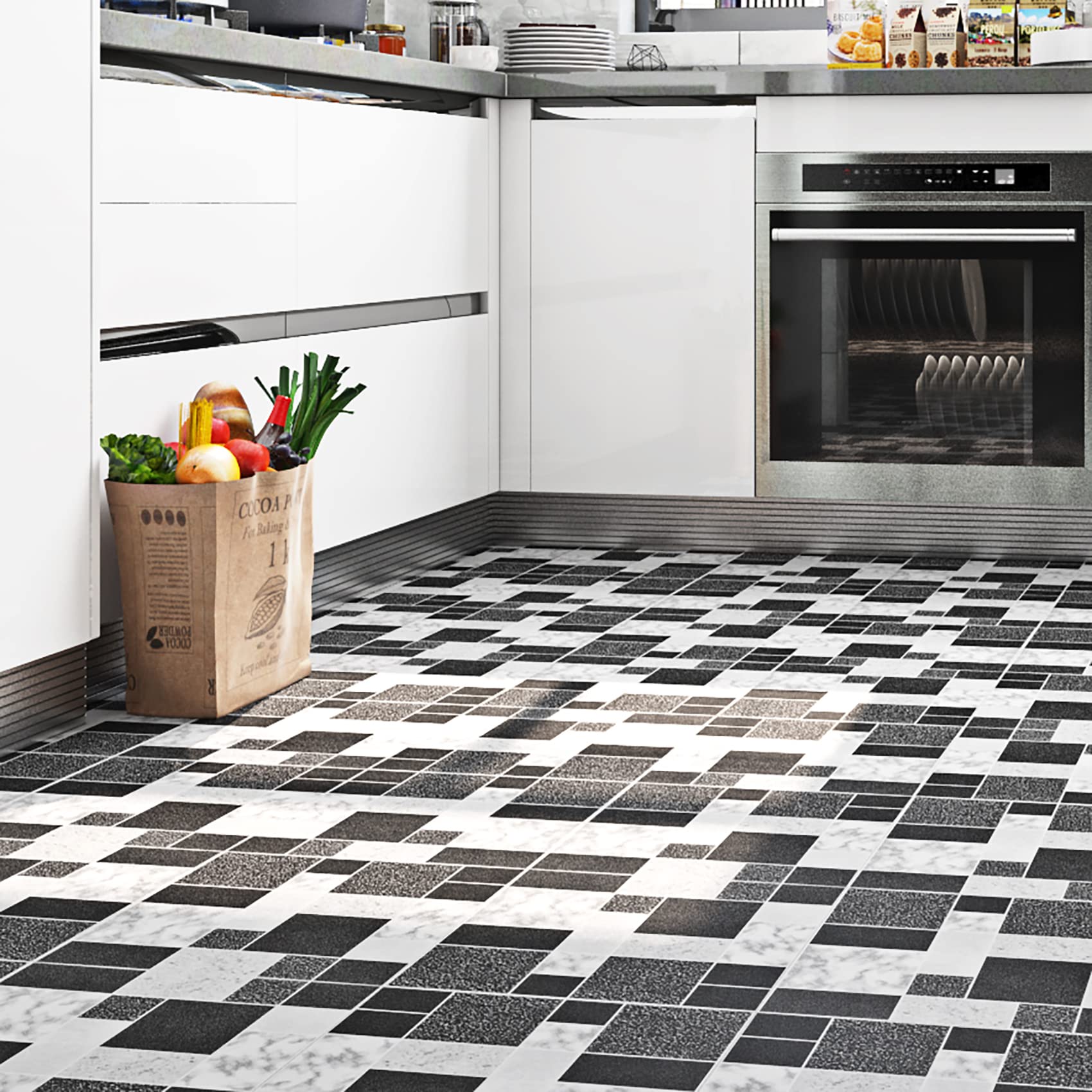 Livelynine Black and White Peel and Stick Floor Tile Bathroom Modern 4pcs 12x12" Grey Marble Self Adhesive Floor Tiles Peel & Stick Waterproof Vinyl Flooring Stick on Tile Floor Sheets Kitchen Shower