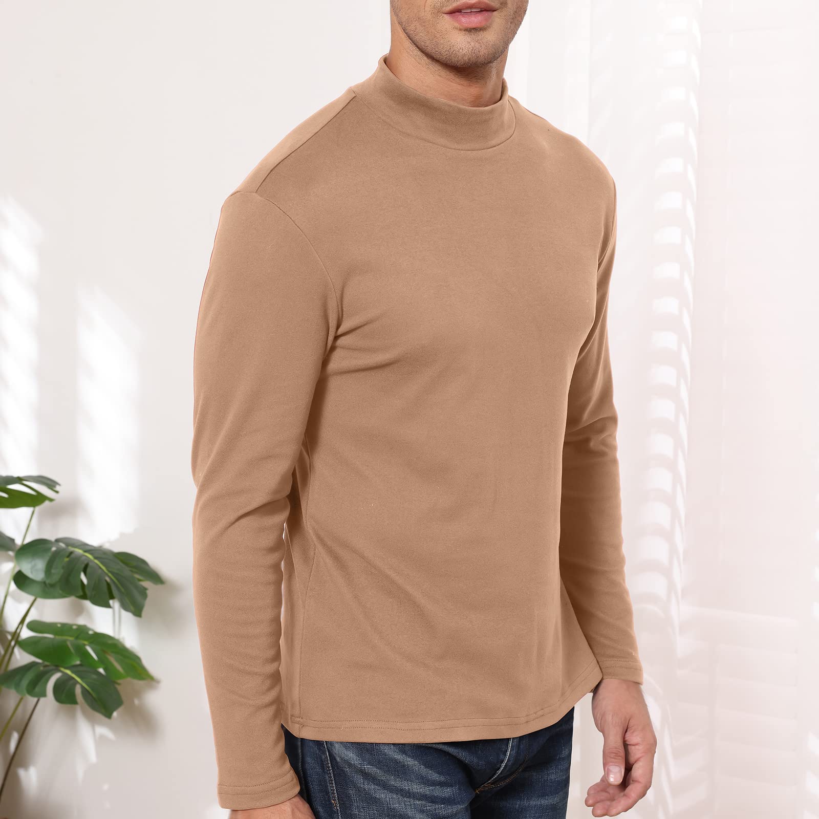 PICKLION Mens Casual Turtleneck Long Sleeve Undershirt Slim Fit Pullover Basic T-Shirts Khaki