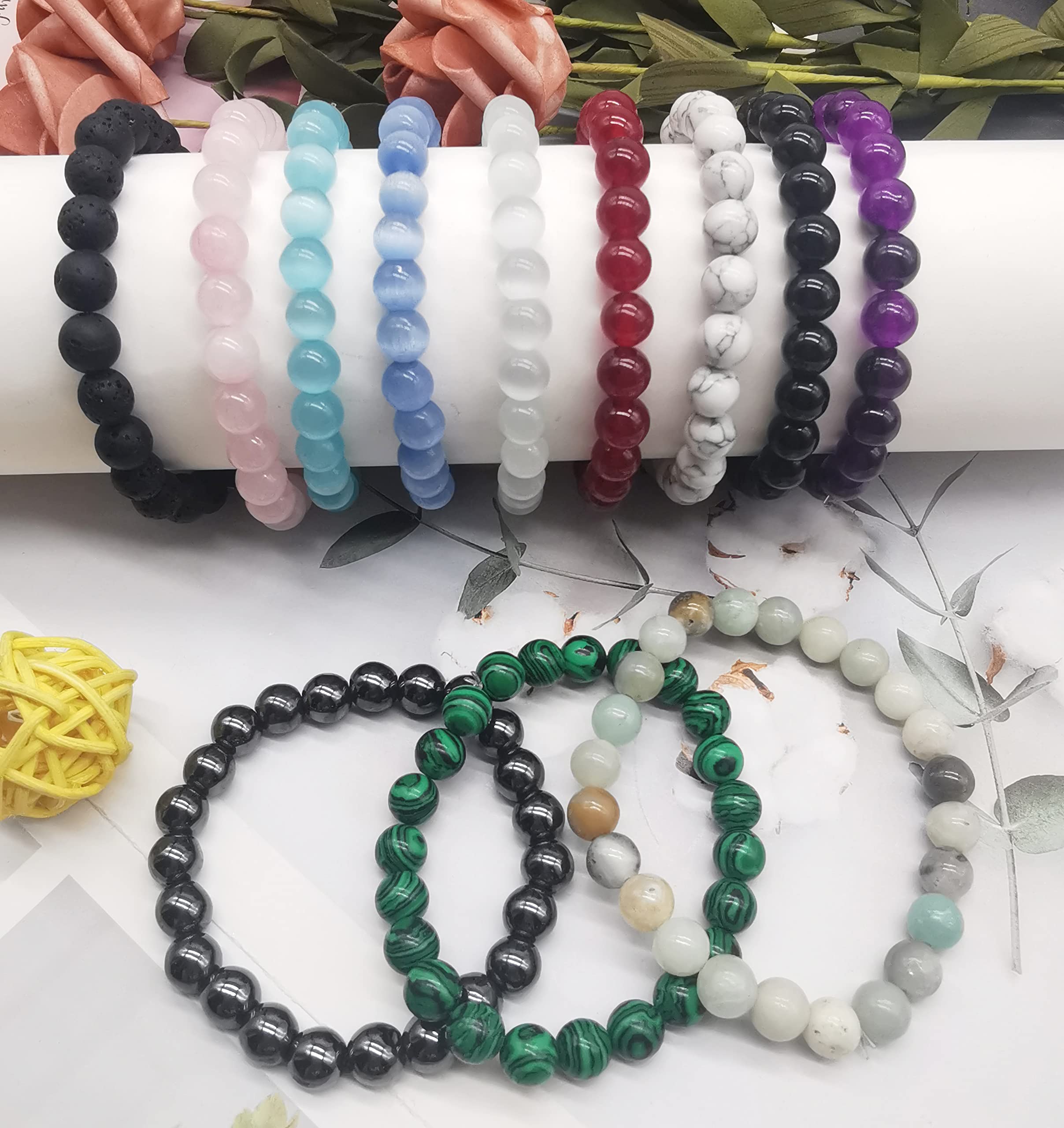SAMOCO 12 Pcs 8mm Semi-precious Beaded Bracelets for Men Women Healing Stretch Round Bead Crystal Gemstones Bracelets Unisex