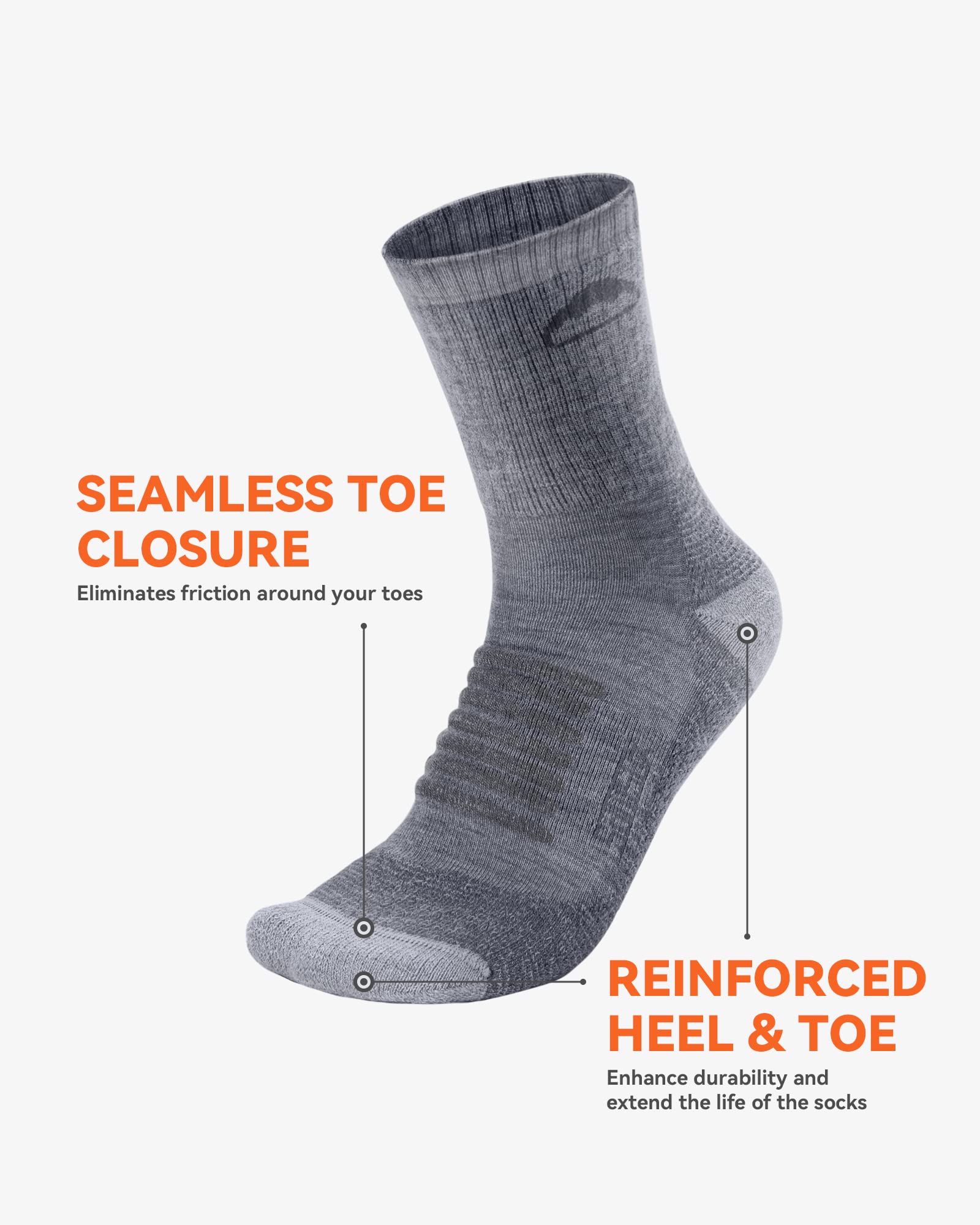 SAMSOX 2-Pack Merino Wool Hiking Sock, Made in USA, Gray L
