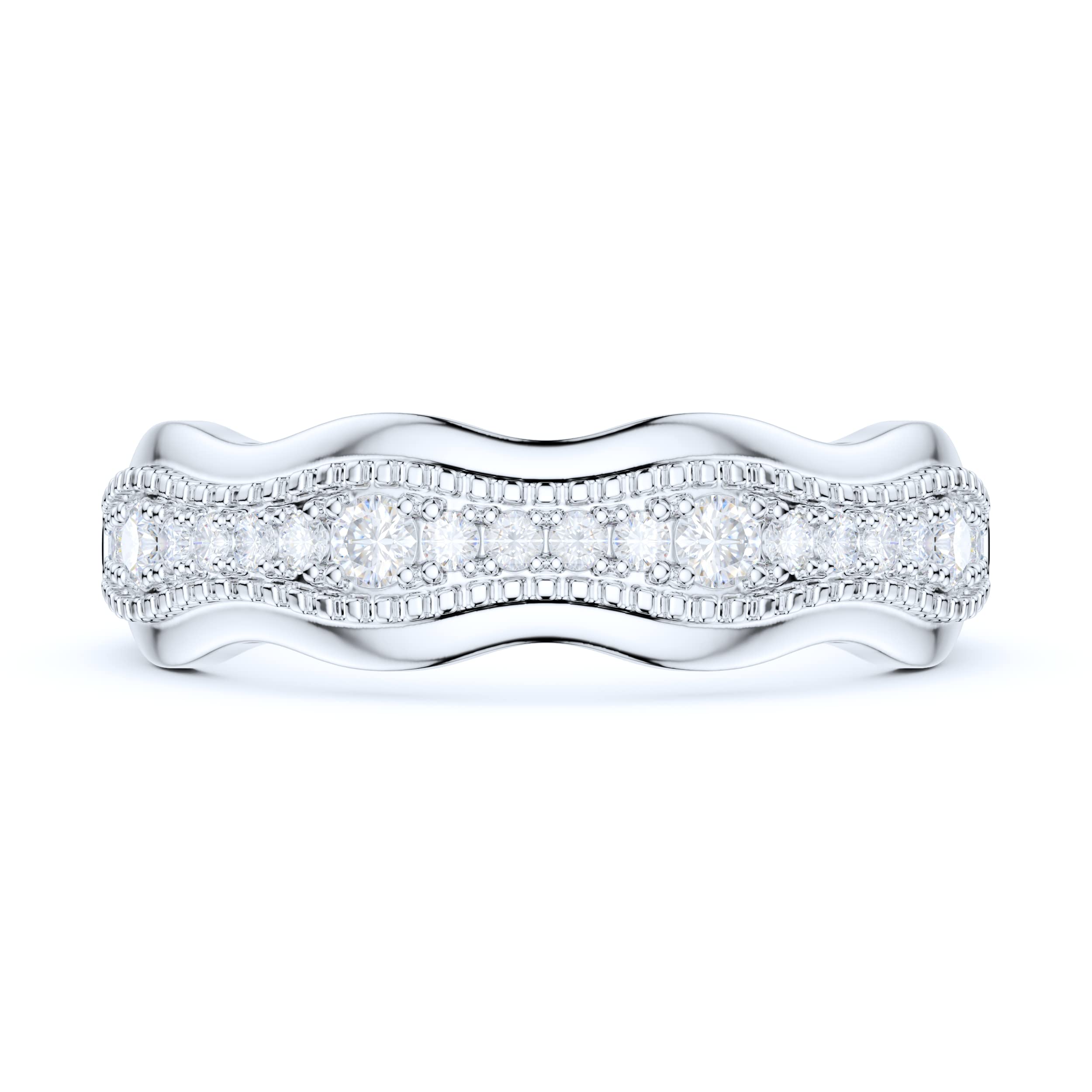 PRSTANI Sterling Silver Fancy Wave Shape Milgrain Simulated Round Brilliant Diamond Full Eternity Ring Wedding Band (12)
