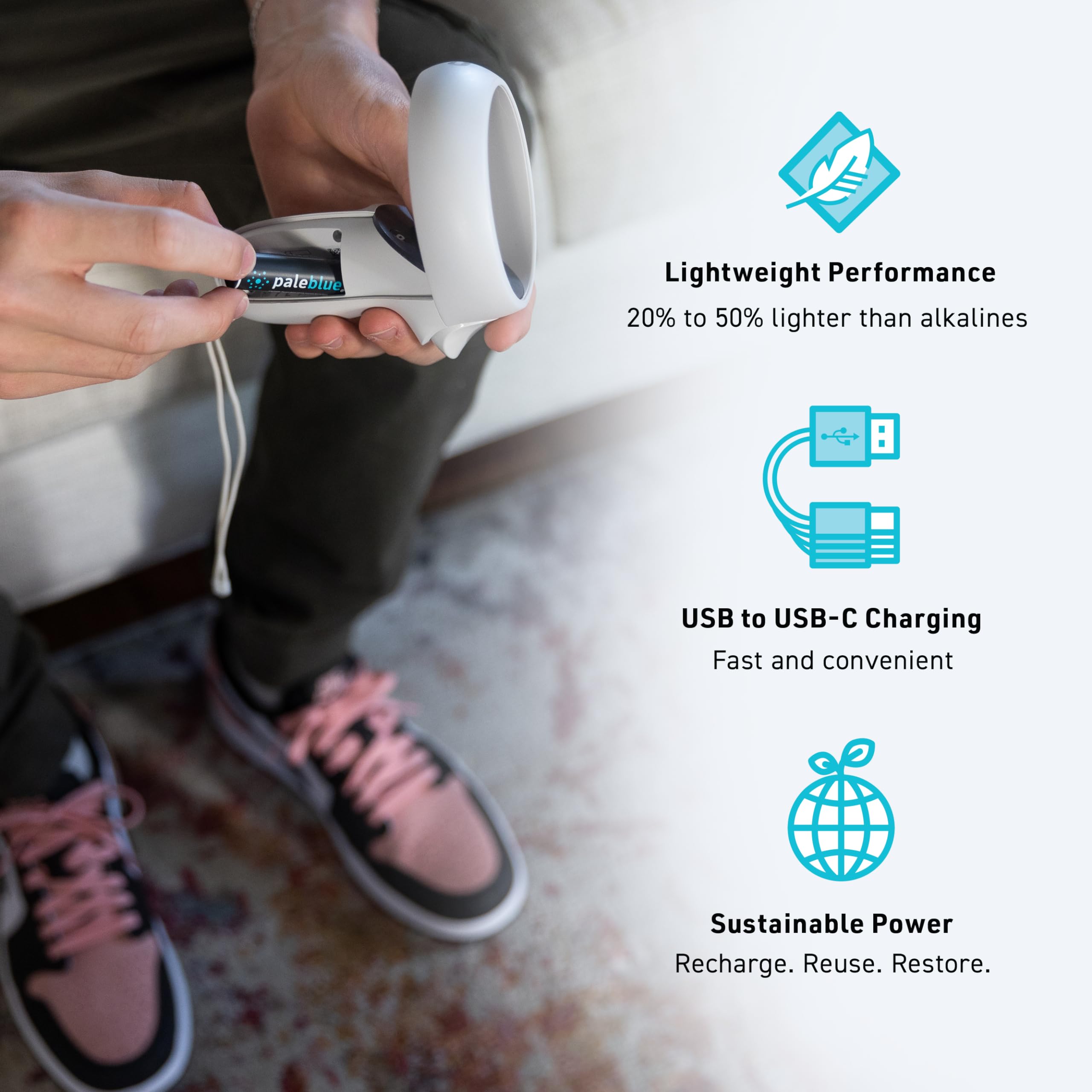 USB Rechargeable AA Batteries by Pale Blue, Lithium Ion 1.5v 1700 mAh, Charges Under 1 Hours, Over 1000 Cycles, 4-in-1 USB-A to USB-C Charging Cable, LED Charge Indicator, 4-Pack