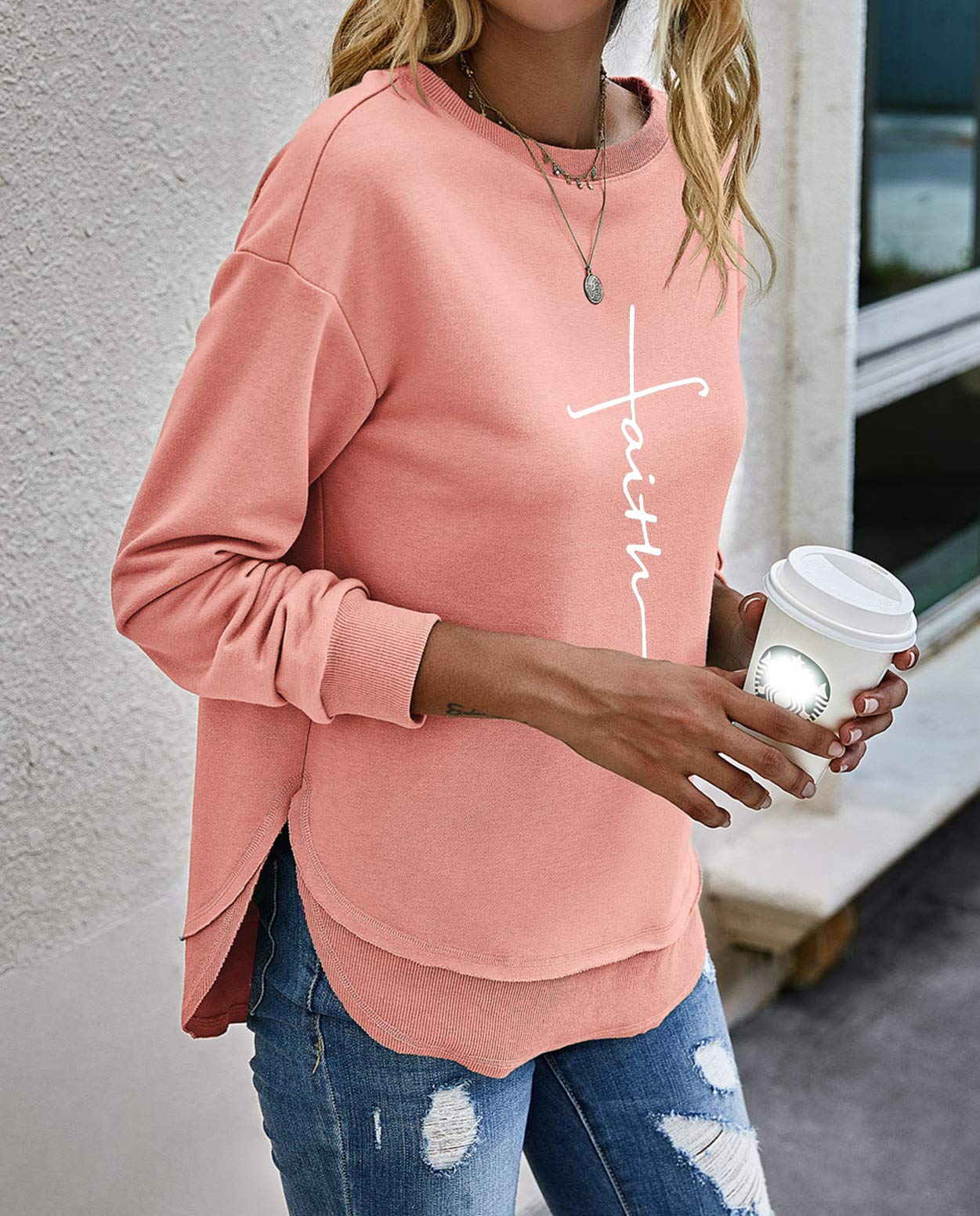 Mansy Womens Cross Letter Printed Crewneck Sweatshirts Casual Funny Graphic Side Split Pullover Shirts Tops (Pink, XX-Large)