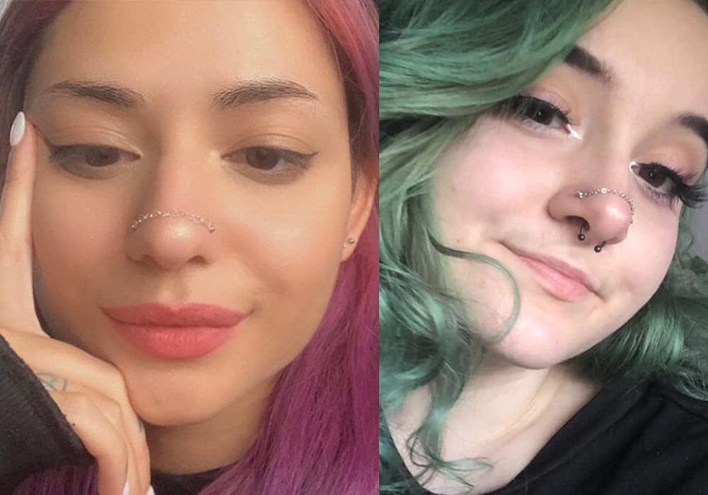MODRSA Nose Chain Piercing Across Nose Double Nose Stud Chain Across Nose Studs with Chain Surgical Steel Nose Ring Stud 20g Nose Stud Diamond Nose Stud L Shaped Nose Piercing Stud Nostril Jewelry