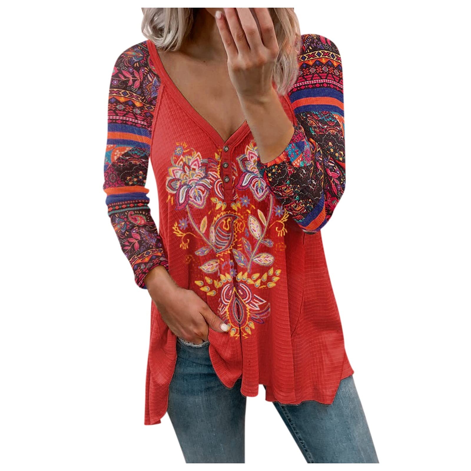 Retro Tops Pattern Printed T-Shirts Long Sleeve V Neck Top Tees Loose Classic Tops Womens Casual Blouse Tops Watermelon Red