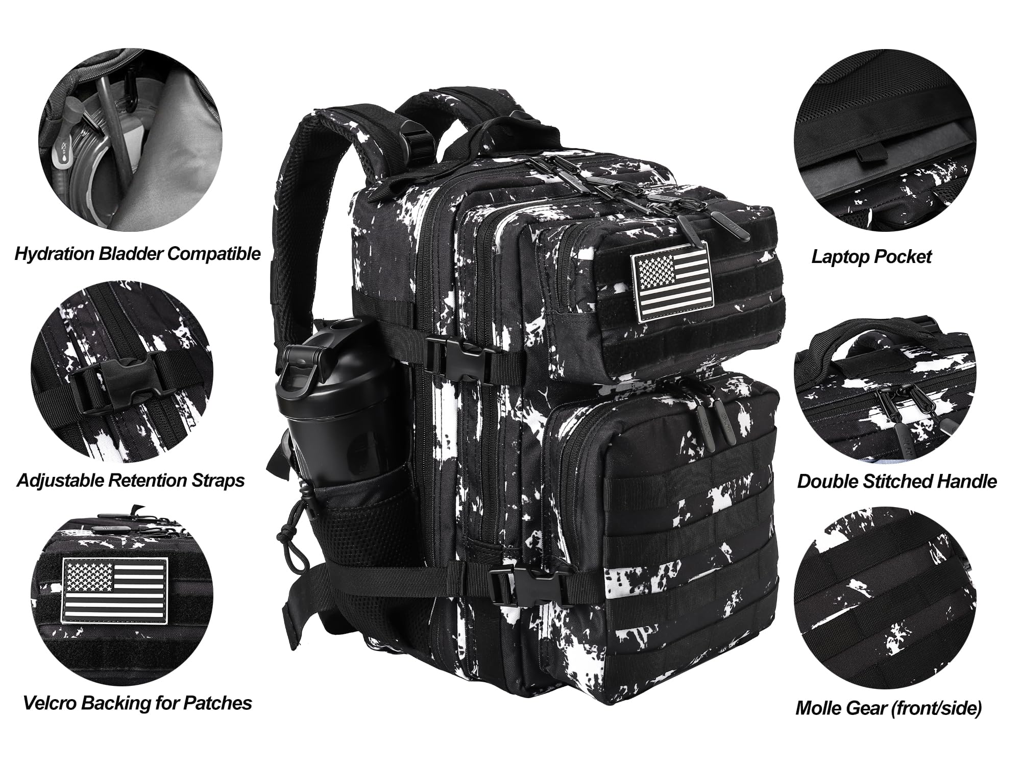 LHI Tactical Military Backpack for Men and Women 25L Army Assault Pack Bag Large Rucksack with Molle System - Black Lightning