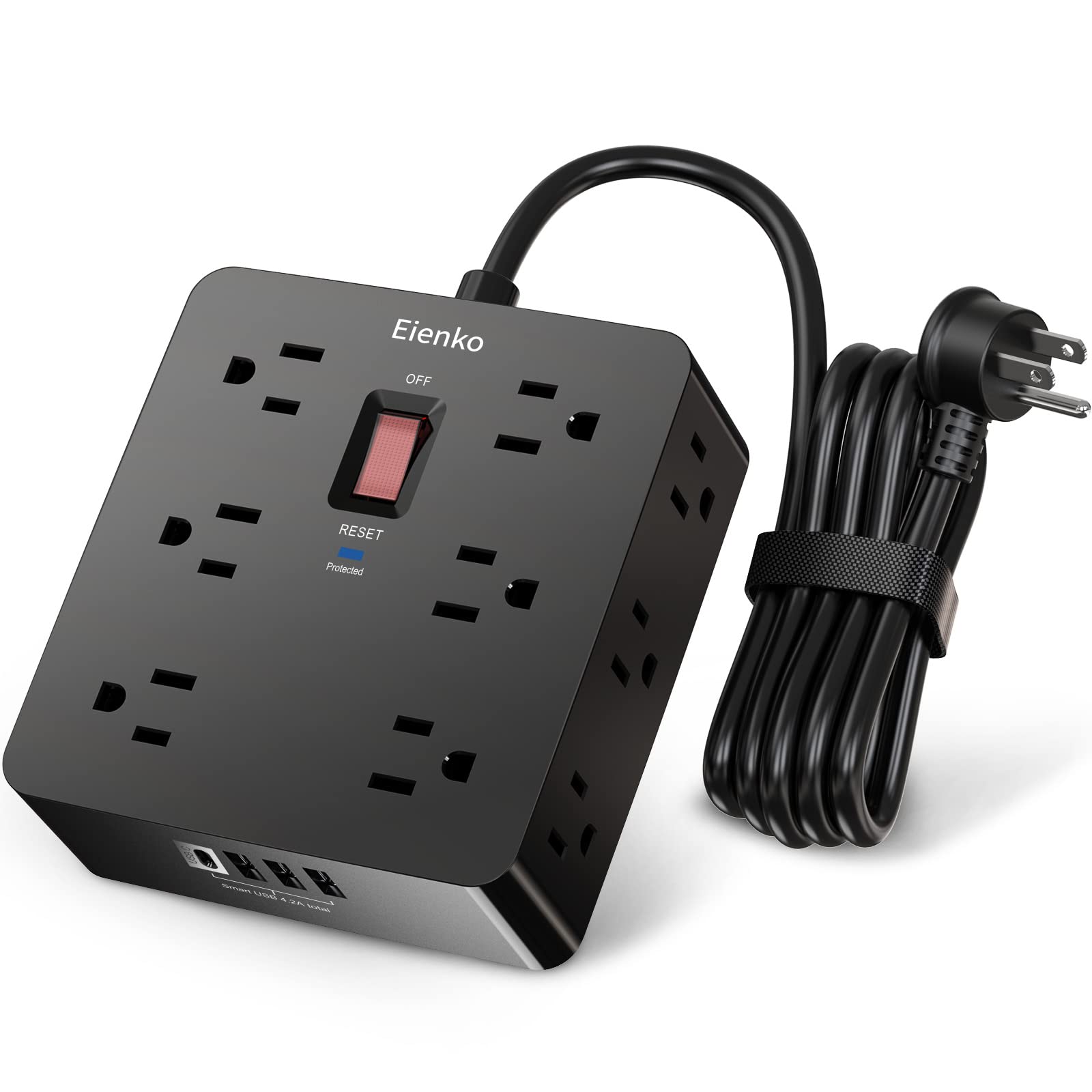 Surge Protector Power Strip - Eienko 6 Ft Extension Cord with 12 Widely Outlets, 3 Side Outlet Extender with 4 USB Ports, Flat Plug, Wall Mount, Desk USB Charging Station, ETL,Black