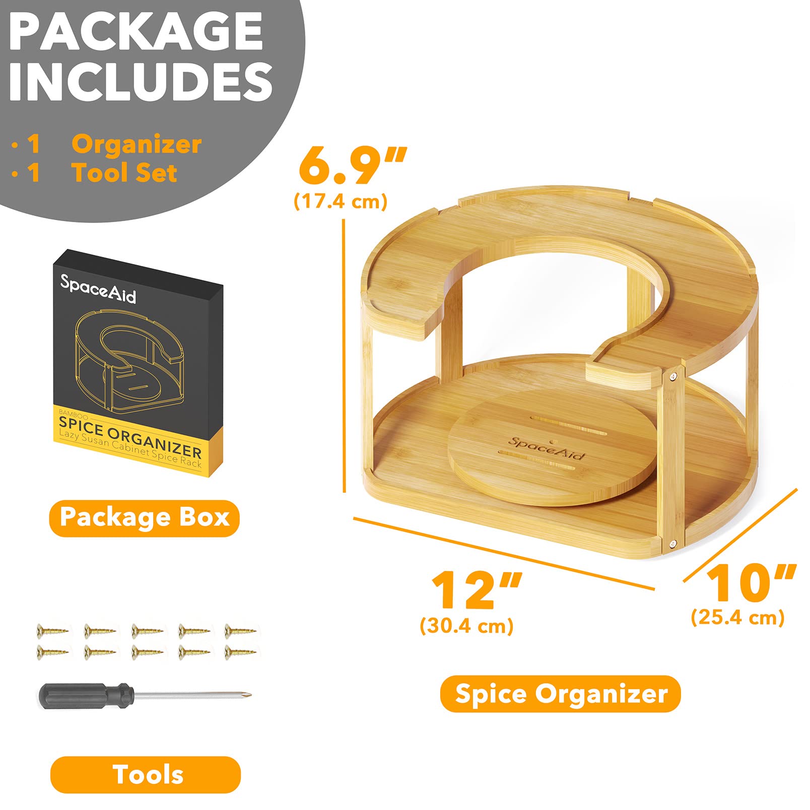 SpaceAid 2 Tier Bamboo Spice Rack Organizer, Lazy Susan Turntable for Cabinet, Home Kitchen Spices Spinning Rotating Shelf Racks for Pantry Seasoning Bottle Holder Storage (Two Tier, Natural)