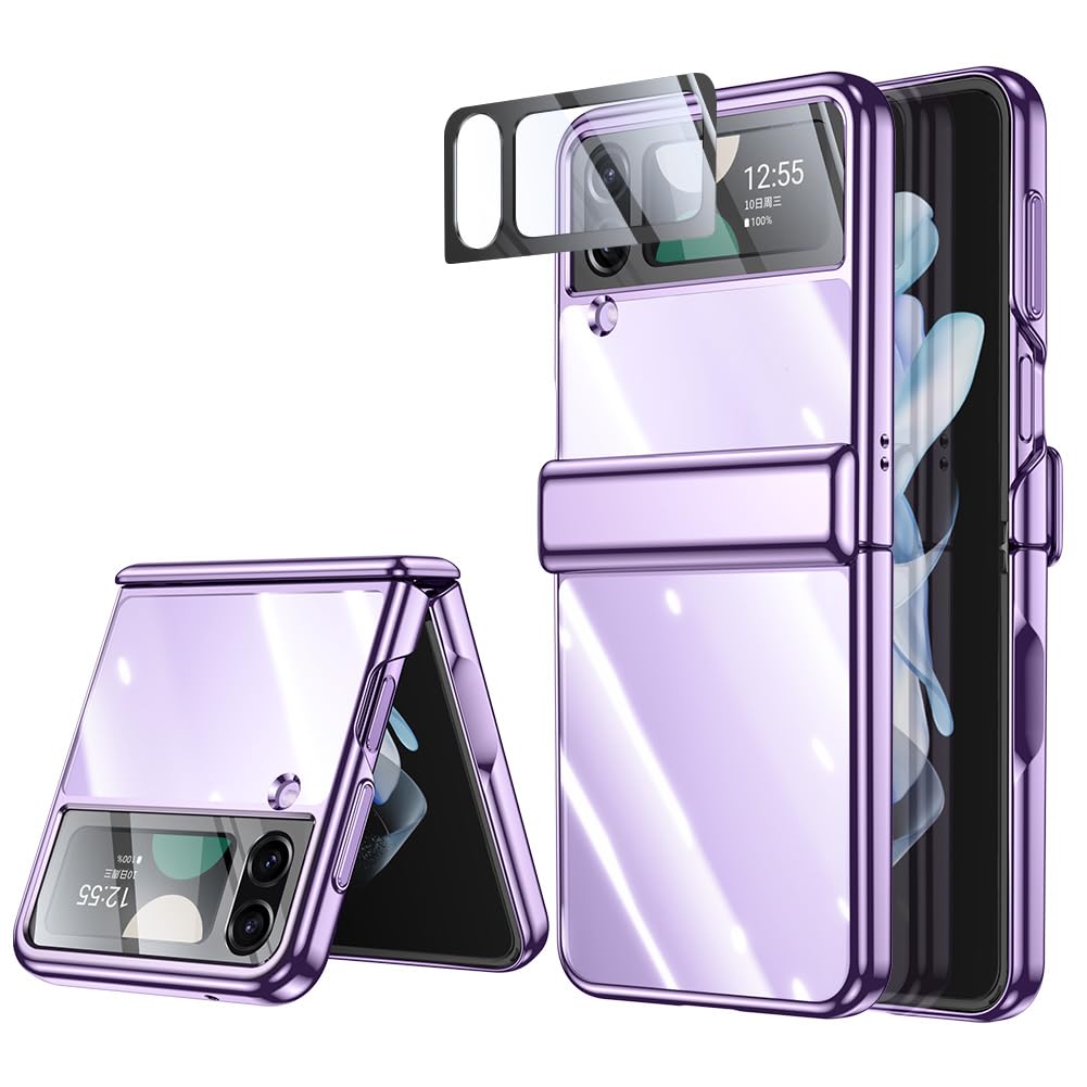LEIAU for Samsung galaxy z-Flip-4 Case: Transparent Electroplating Protective Phone Case with Full Cover Hinge Protection, Clear Case with Screen Protector for Galaxy Z Flip 4 5G (Purple)